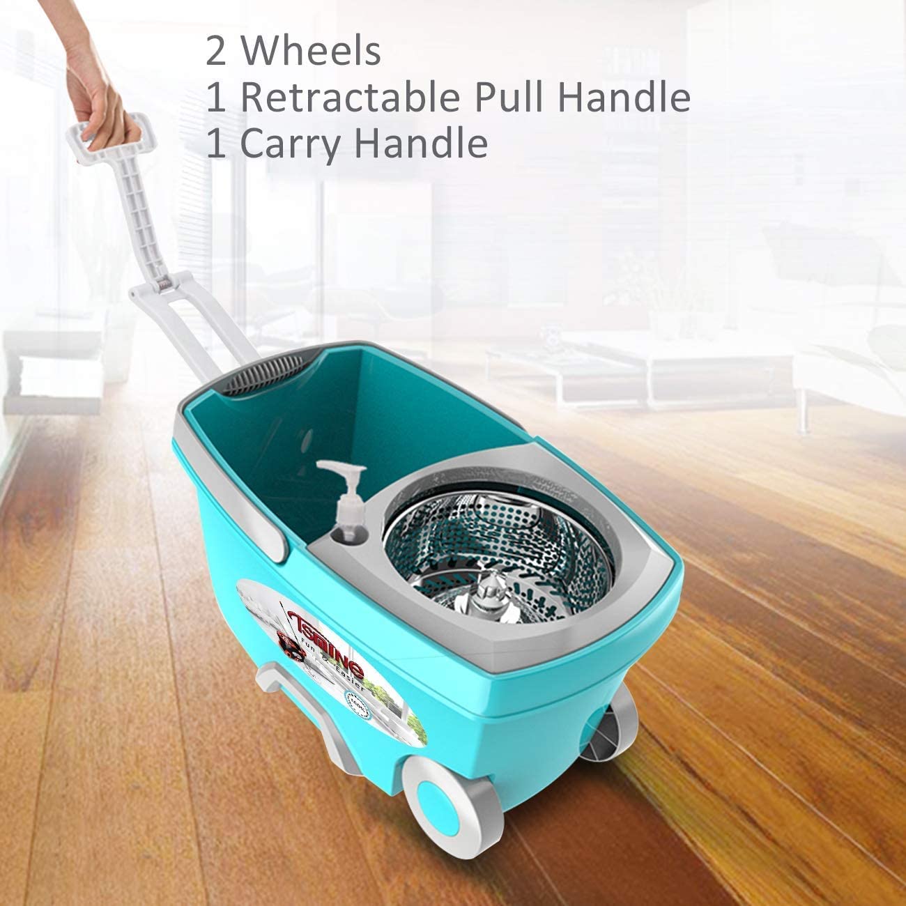Tsmine Spin Mop Bucket System Stainless Steel Deluxe 360 Spinning Mop Bucket Floor Cleaning System with 6 Microfiber Replacement Head Refills,61" Extended Handle, 2X Wheel for Home Cleaning - MINT