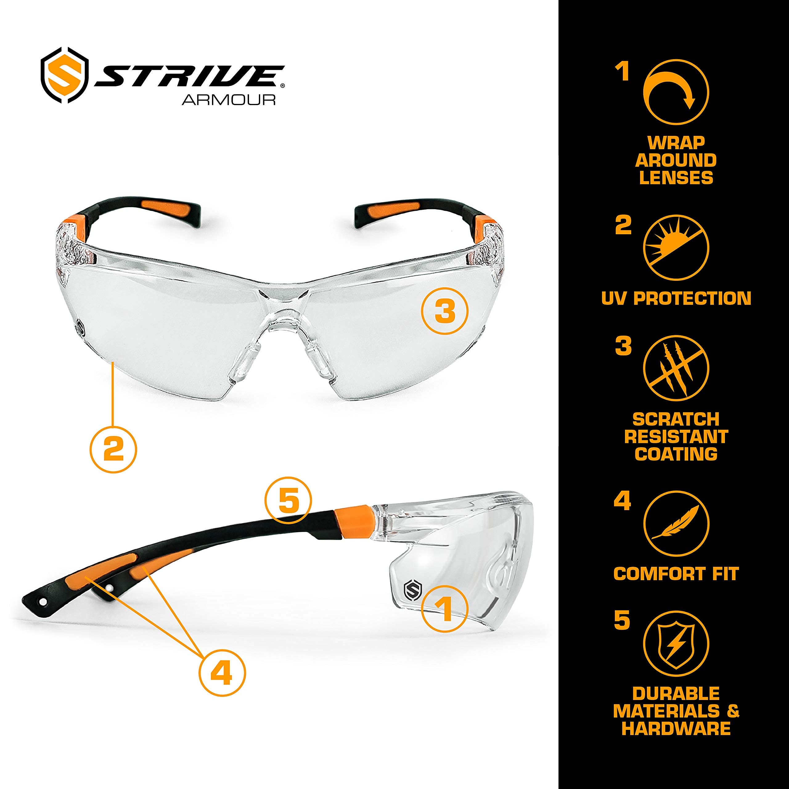 Strive Performance Tracer Safety Glasses - Scratch-Resistant UV Protection Wraparound Lens, Clear 2-Pack