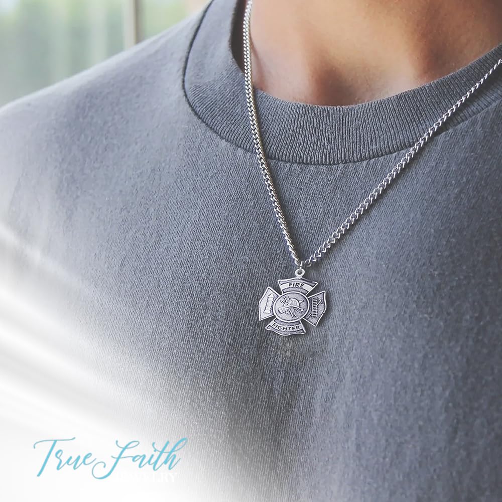 TrueFaithJewelry Sterling Silver St Florian Fire Fighter Shield Medal Patron Saint Pendant Necklace, 1 Inch