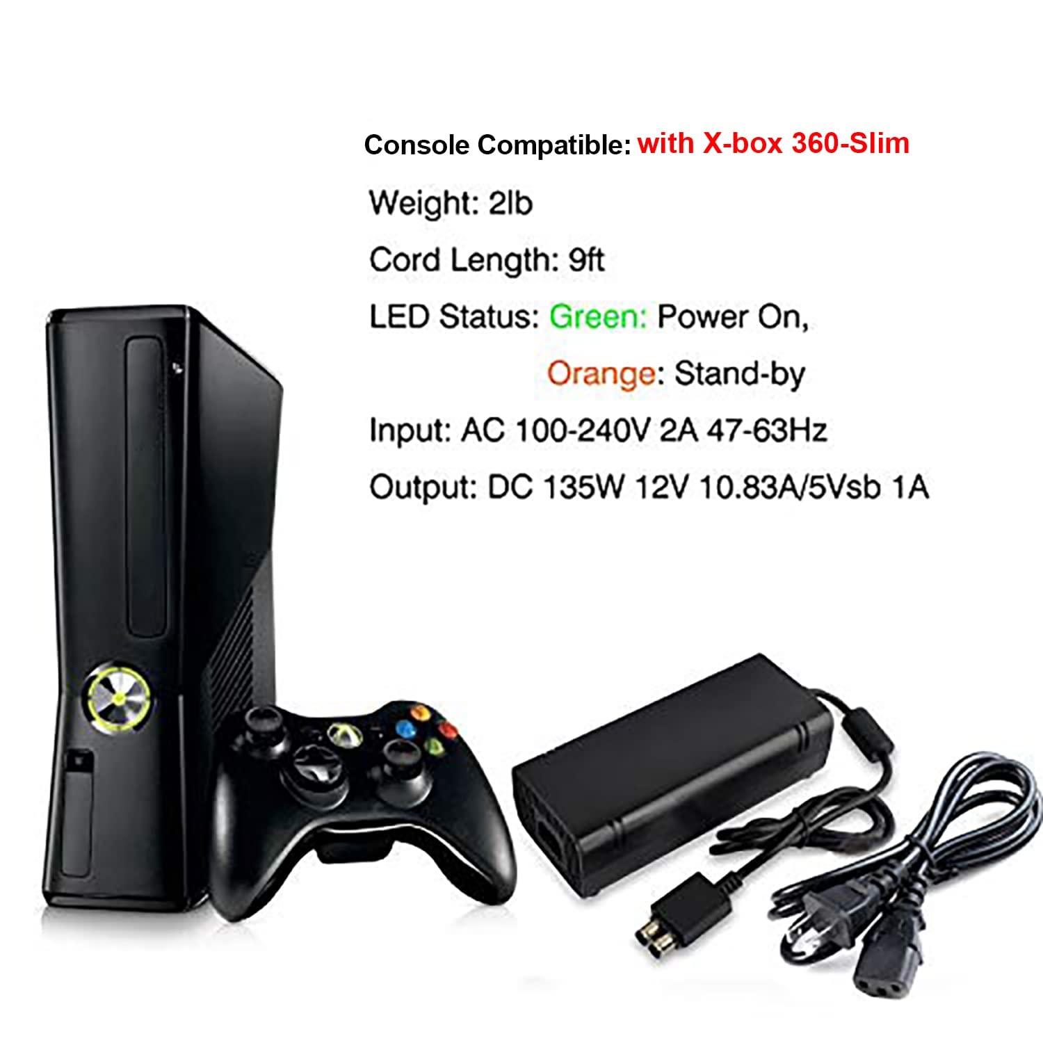 YCCSKY Power Supply for Xbox 360 Slim AC Adapter, Non-OEM Replacement, Global Voltage, LED Indicator, 135W, 12V-10.83A
