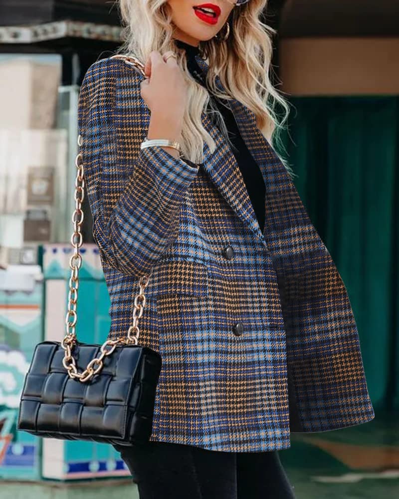 Taodou Women's Casual Blazers Woolen Plaid Blazer Lapel Long Sleeve Button Pocket Jackets Coat Blue