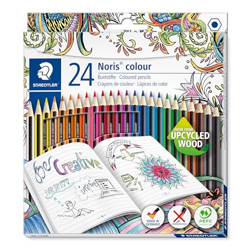 Staedtler Noris colour 185 C24JB Buntstifte (erhĂśhte Spitzen-Bruchfestigkeit, sechskant, Set mit 24 brillanten Farben, Wopex Material, PEFC-Holz, DIN EN71)