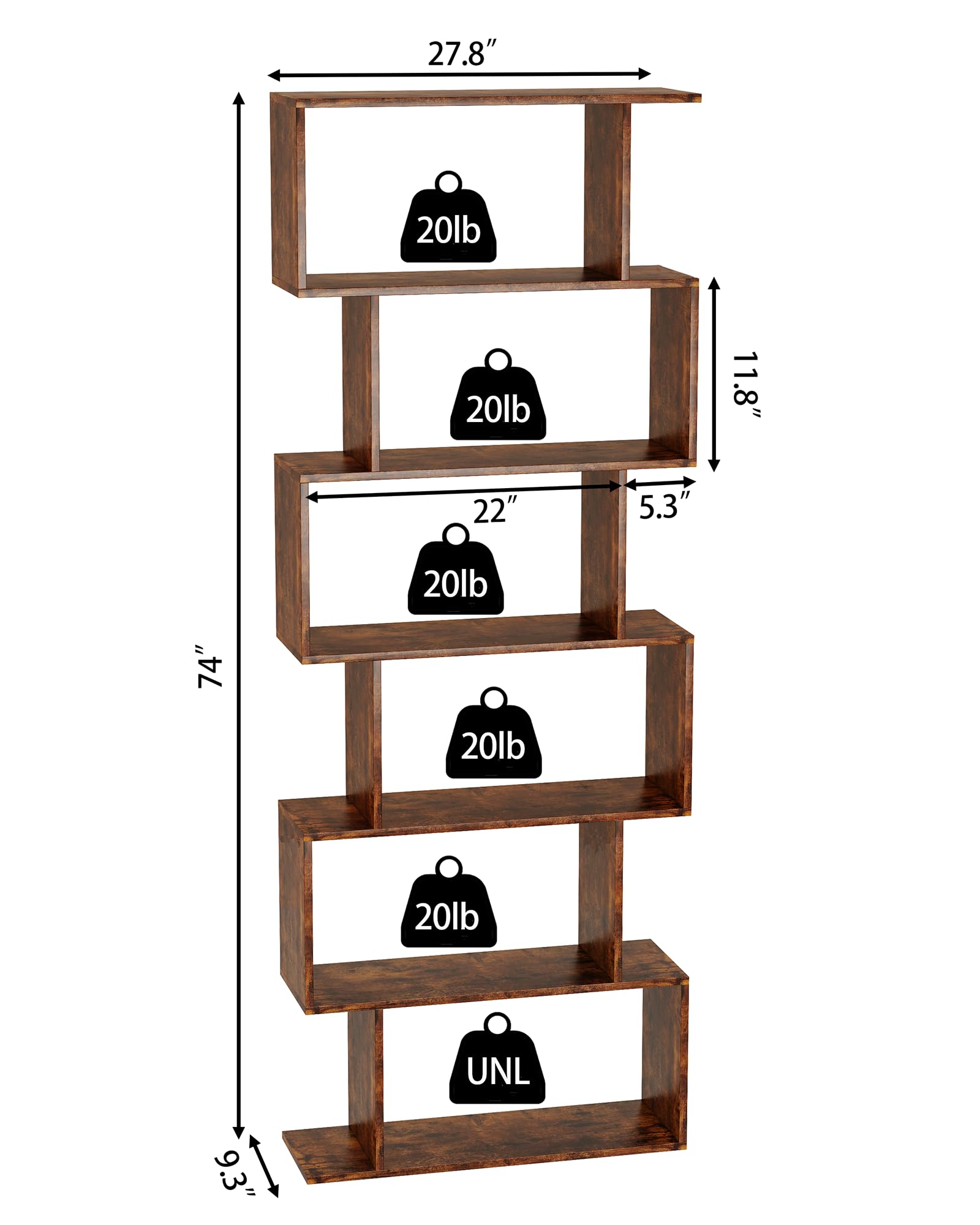 Yusong Geometric Bookcase, Bookshelf 6-Tier S Shaped Book Shelves for Bedroom, Modern Wood Decorative Display Shelf Tall Book Case for Home Office, Rustic Brown