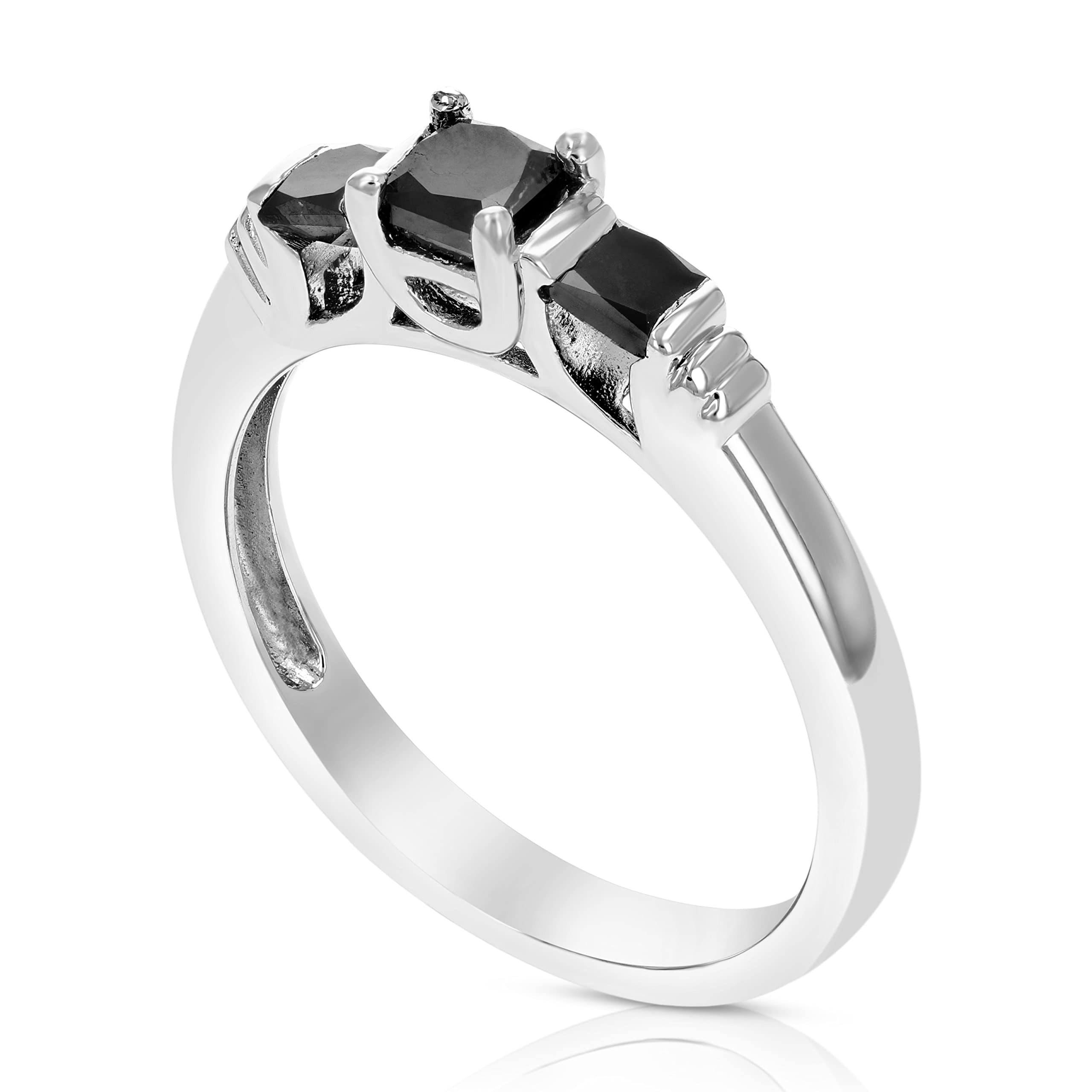 VIR JEWELS 3/4 cttw 3 Stone Princess Cut Black Diamond Enagement Ring .925 Sterling Silver Size 7