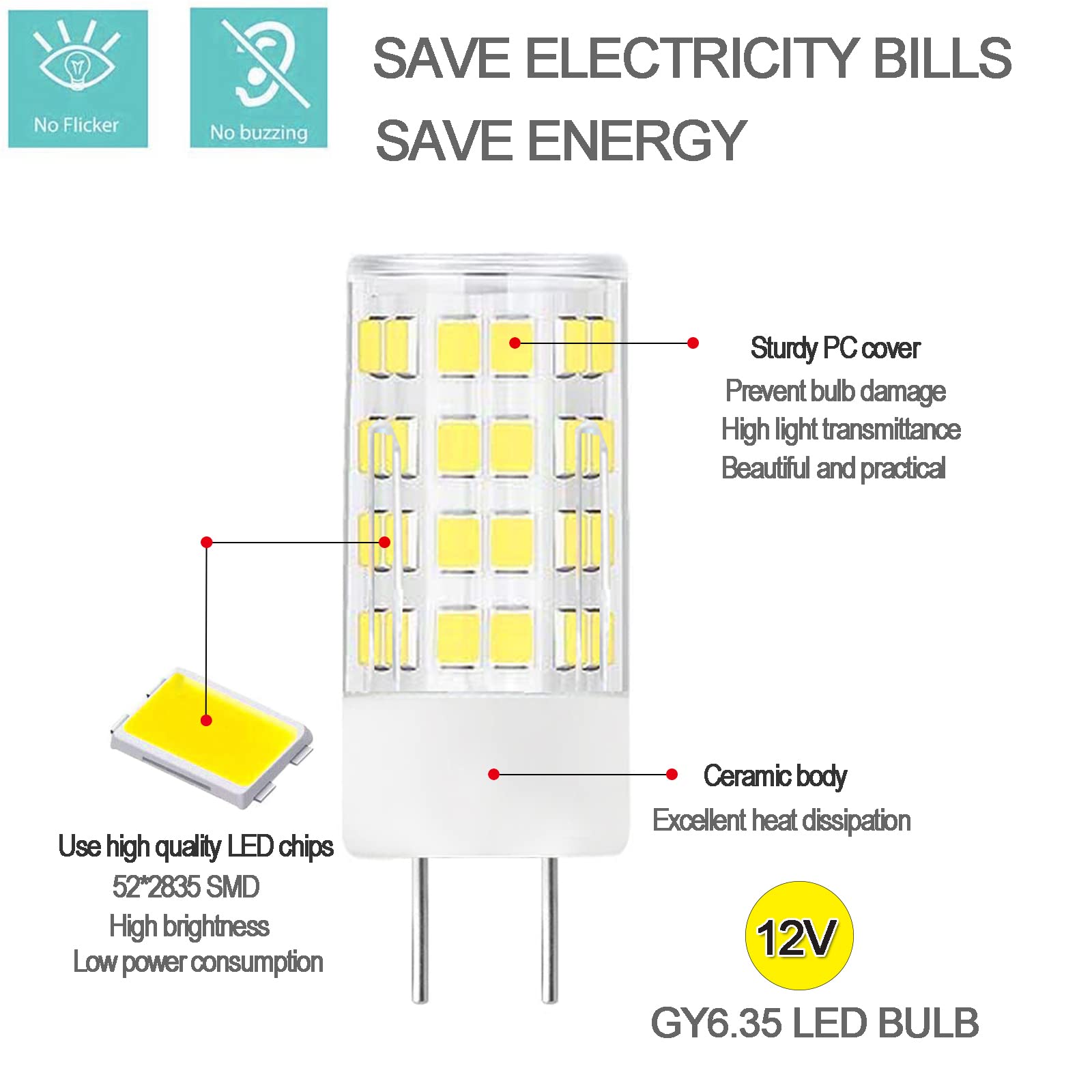 ZSSXOLED GY6.35 G6.35 Bi-pin Base LED Bulb 4Watt (35W-40W Halogen Equivalent) AC 12V Non-Dimmable No-Flicker 400 Lumen 360°Beam Angle 3000K Warm White (4-Pack)