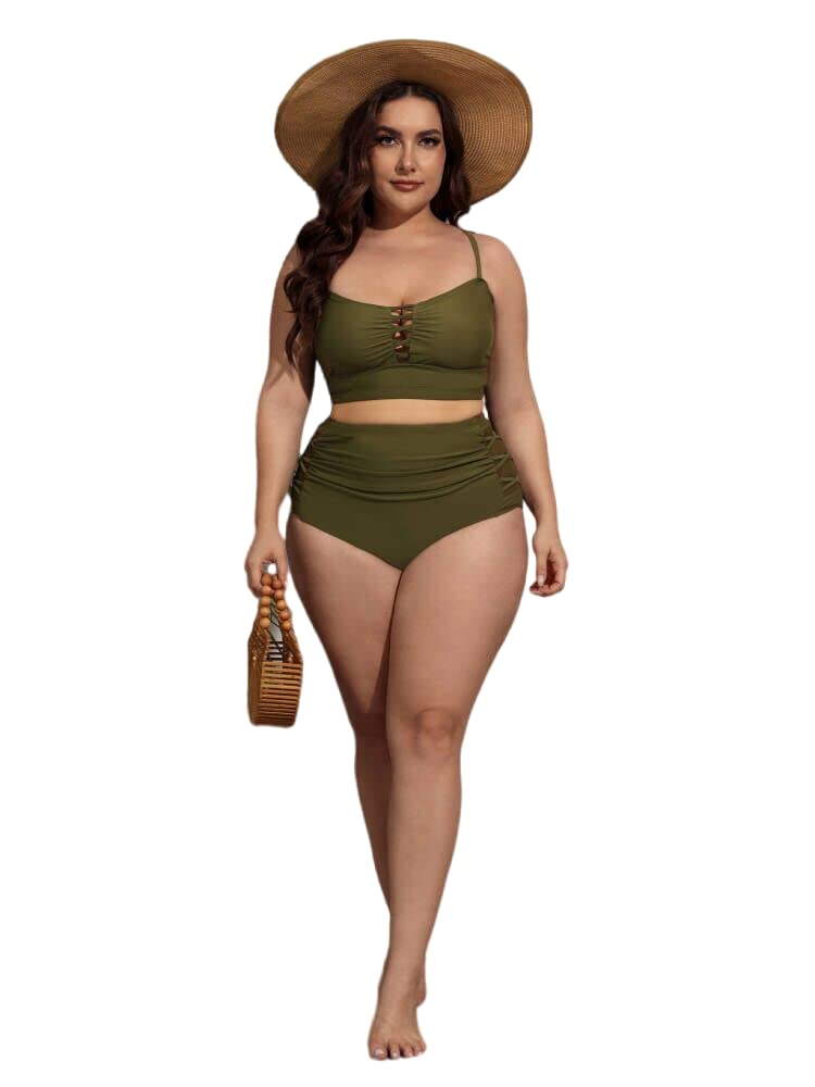 Yomoko Women's Plus Size High Waist Bandage Bikini Sets Chic Swimsuit Retro Bathing Suit L ArmyGreen