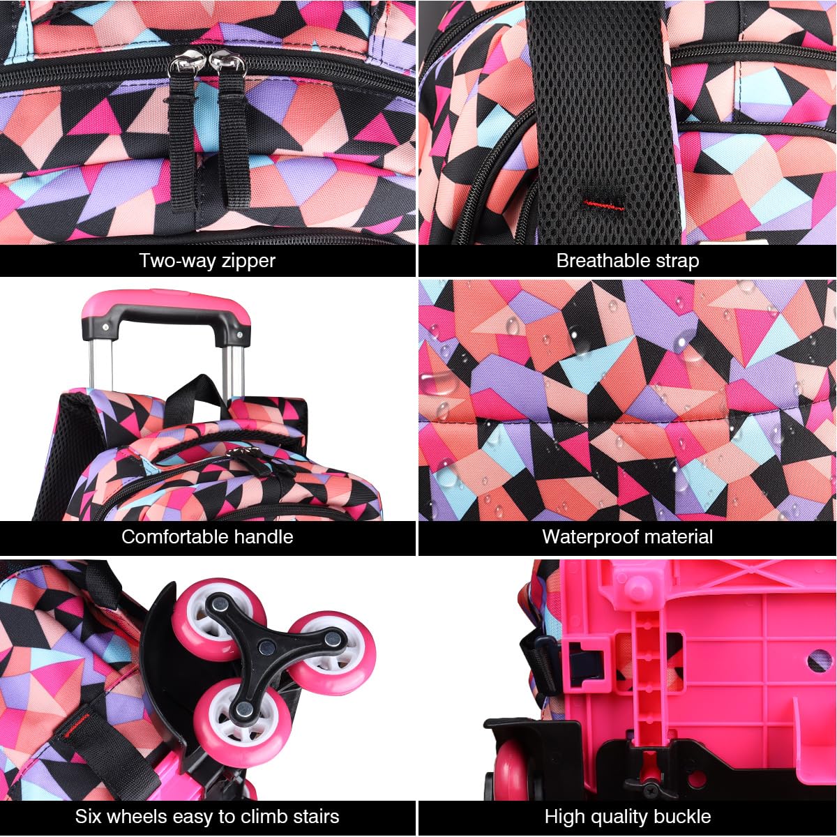 VILINKOU Rolling Backpack for Girls Trolley School Bag Wheels Backpack Luggage Waterproof Climbing Stairs (Rose Red with Six Wheels)