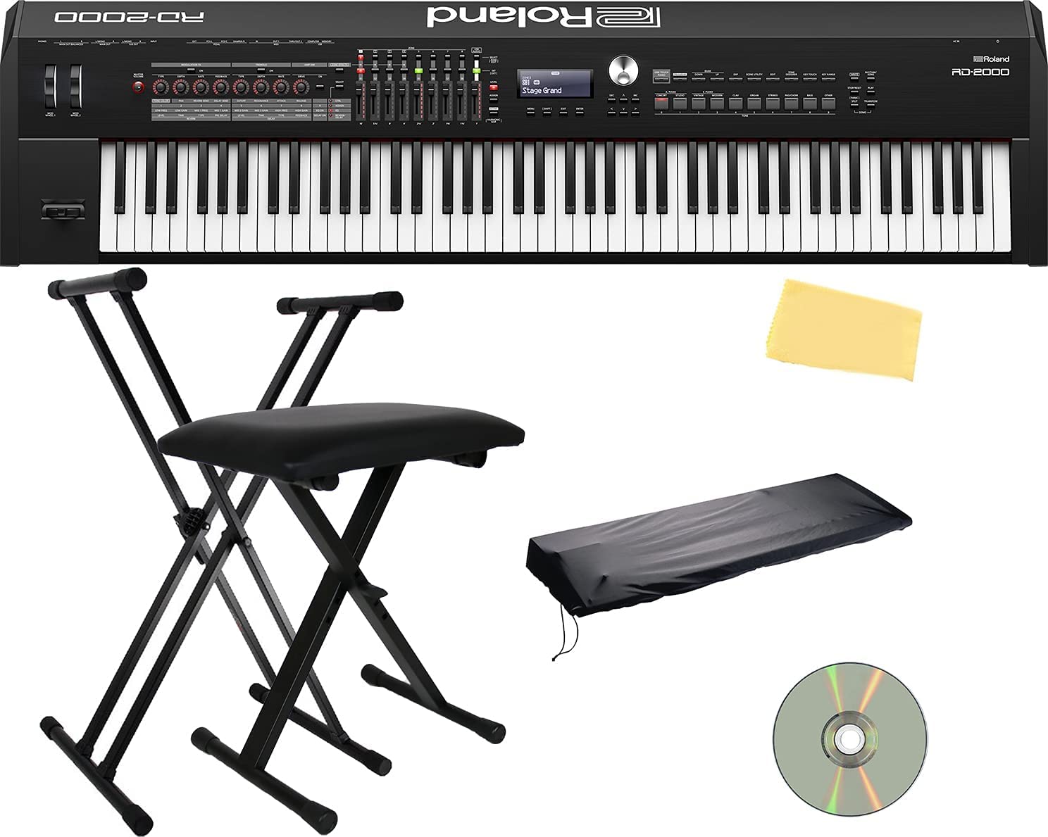 Roland RD-2000 Stage Piano Bundle with Adjustable Stand, Bench, Dust Cover, Austin Bazaar Instructional DVD, Online Piano Lessons, and Polishing Cloth