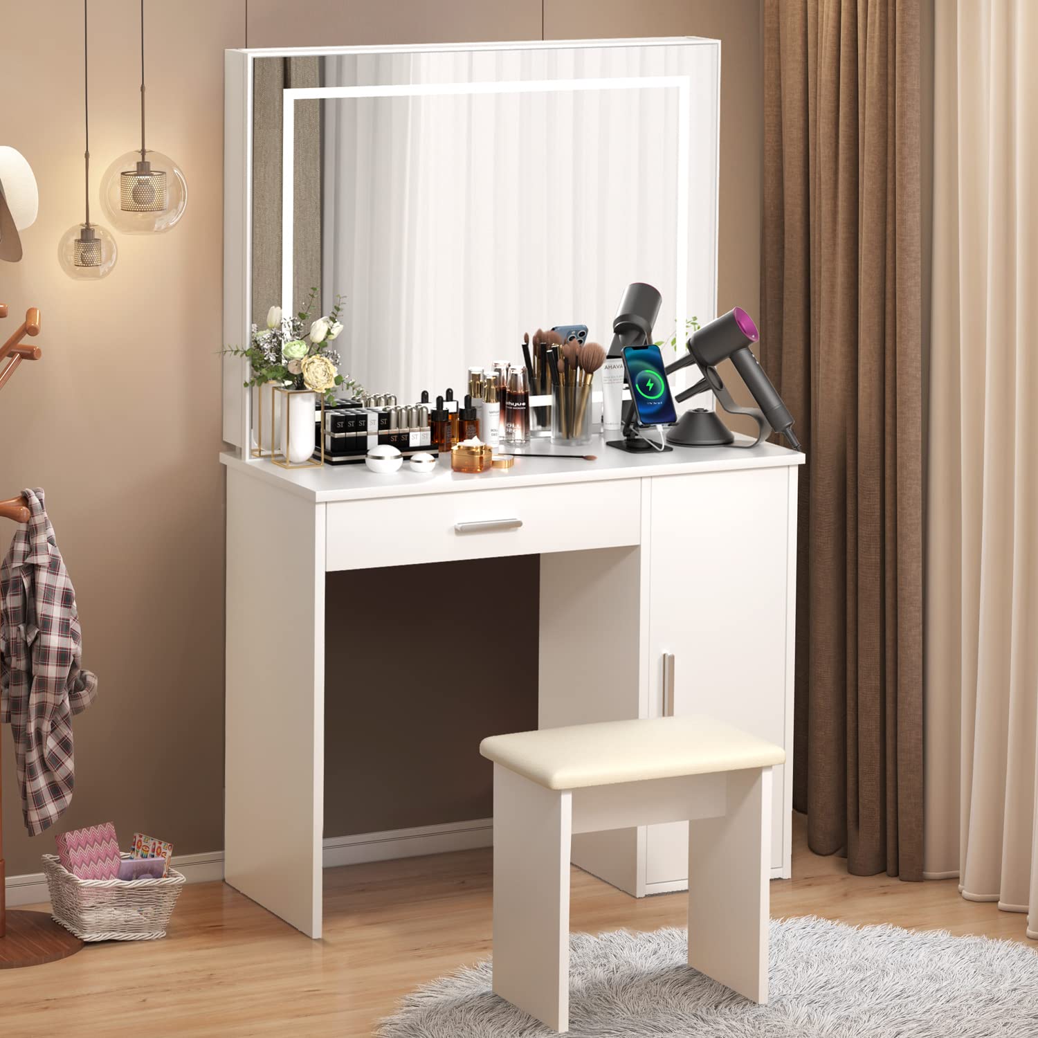 SMOOL Makeup Vanity Table with Large Lighted Mirror & Power Outlet, 3 Color LED Modes Desk Slidding Storage, Drawer Cabinet, White Soft Cushioned Stool for Bedroom 35.4''