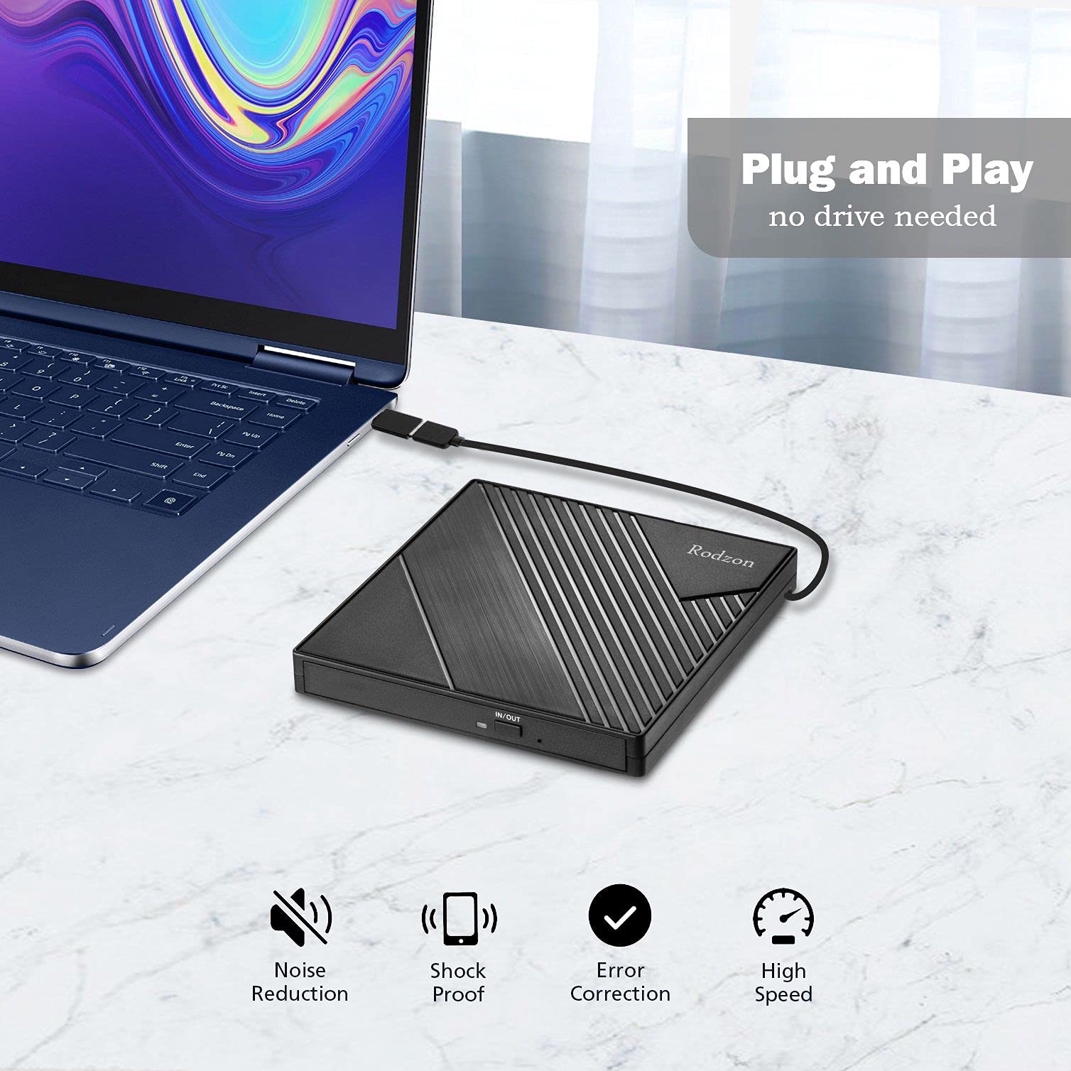 Rodzon External CD Drive Type C USB 3.0 Portable CD DVD +/-RW Drive Slim DVD/CD ROM Rewriter Burner Writer Compatible with Laptop Desktop PC Windows Linux OS Apple Mac, Type C