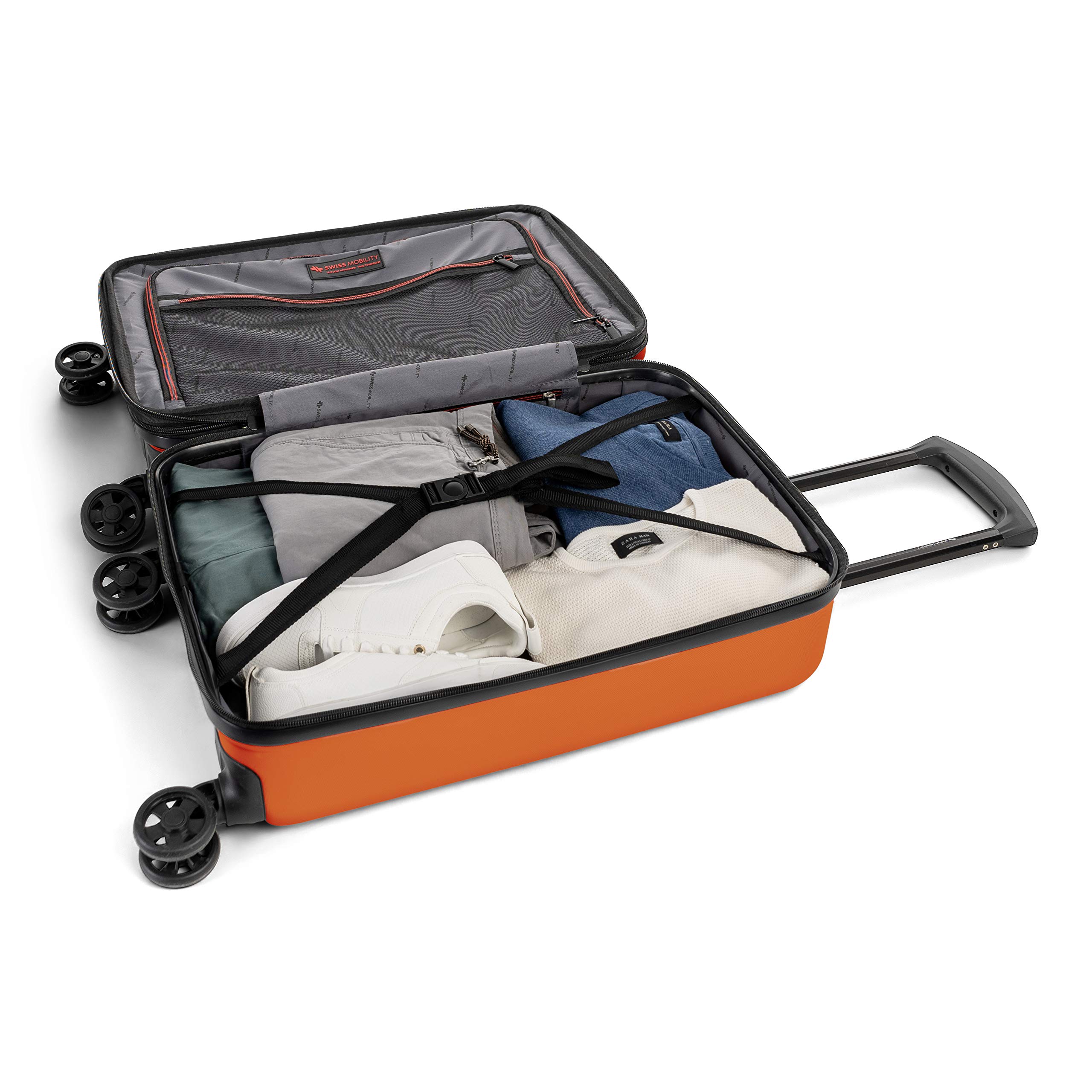 Swiss Mobility LGA Collection Hard Shell Spinner Carry On Luggage for Airplanes, Rolling Suitcase with 360-Degree Spinner Wheels, Retractable Handle, Airline Approved, 20 Inch, Orange