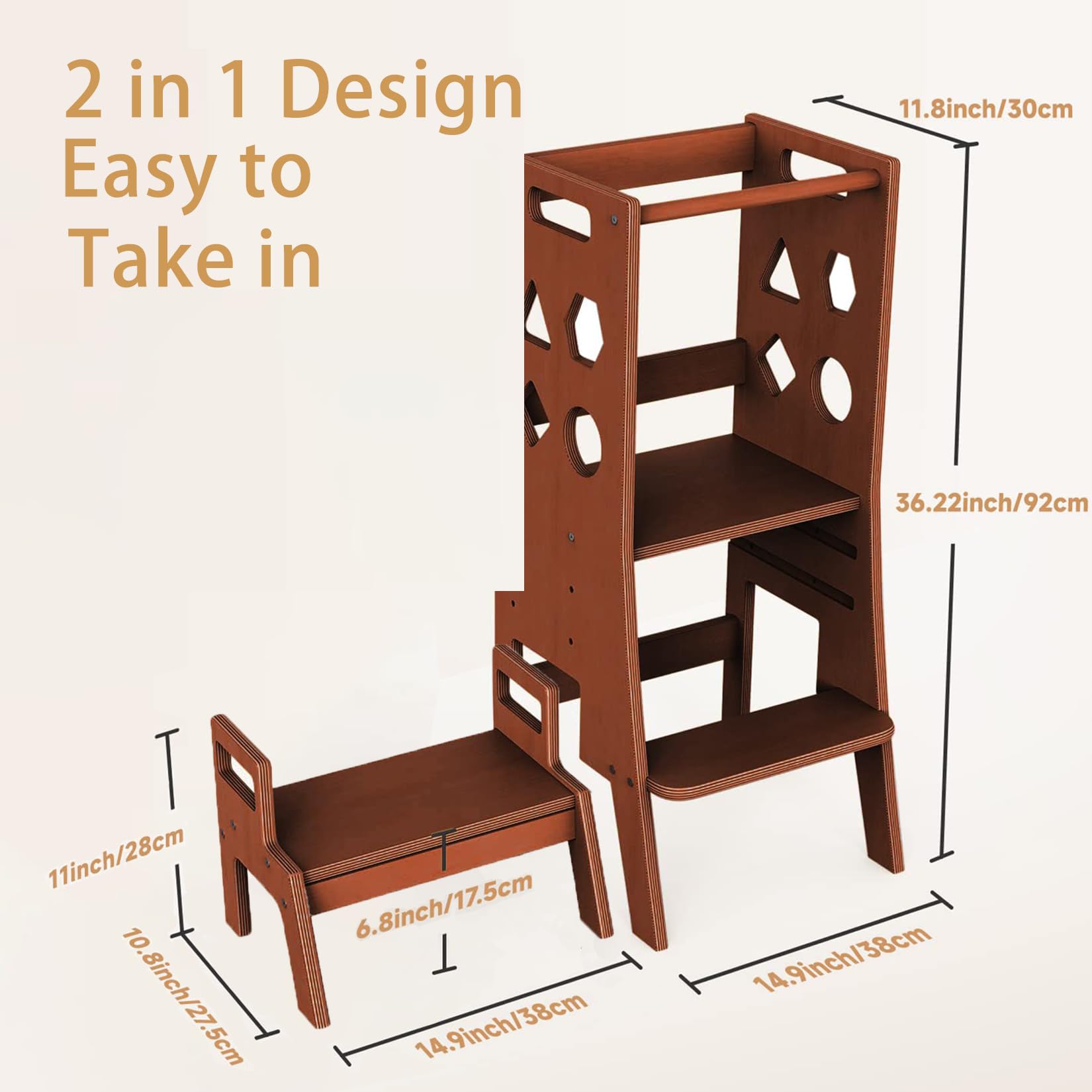 ZARKEET Toddler Standing Tower, 2 in1 Kitchen Toddler Tower Helper Stool for Toddlers 1-3. Adjustable Height Step Stool Helper, Wood Anti-Drop Safety Rail Step Stools for Bathroom & Kitchen Counter