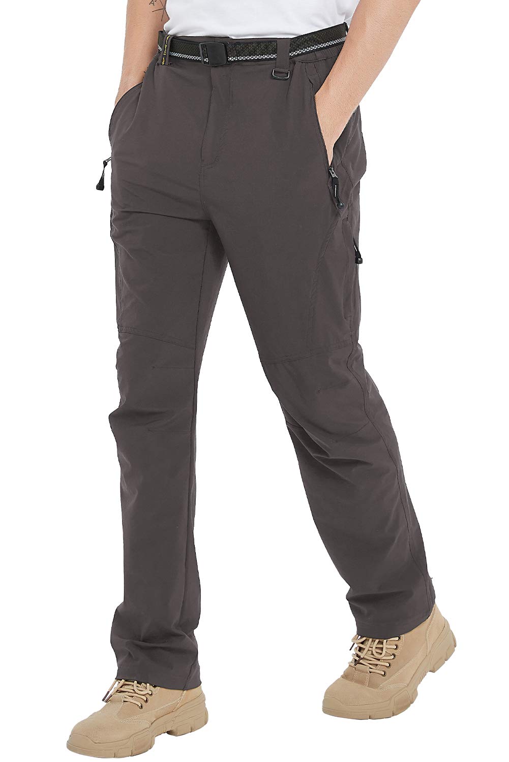 TBMPOY Men's Lightweight Hiking Pants with Belt 5 Zip Pockets Waterproof Quick-Dry Travel Fishing Work Outdoor Pants Thin Brown M