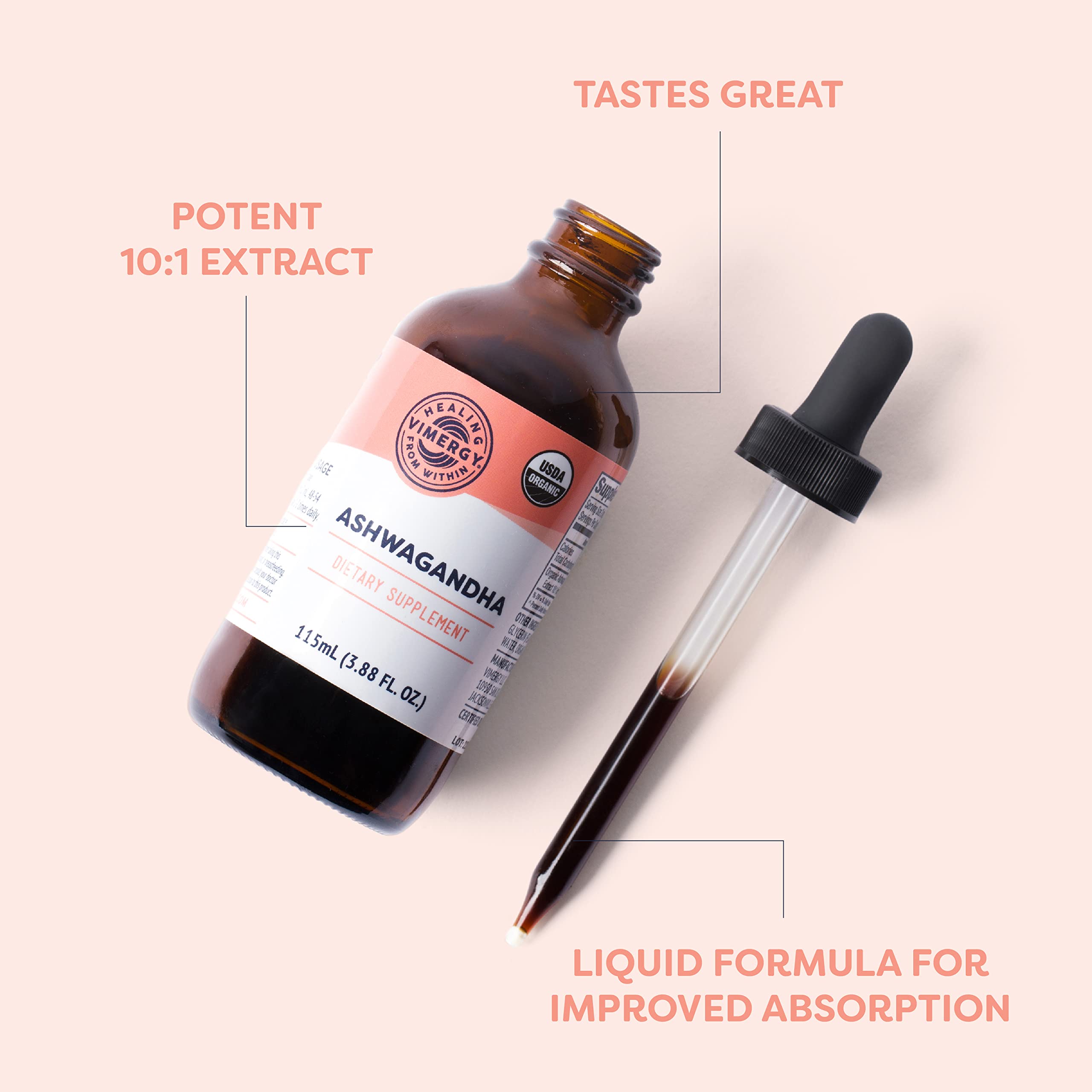 Vimergy USDA Organic Ashwagandha Liquid Extract, Trial Size - 27 Servings – Stress Supplement Drops – Adaptogen - Supports Cognitive Function – Sleep Support – Alcohol-Free, Non-GMO, Vegan (55 ml)