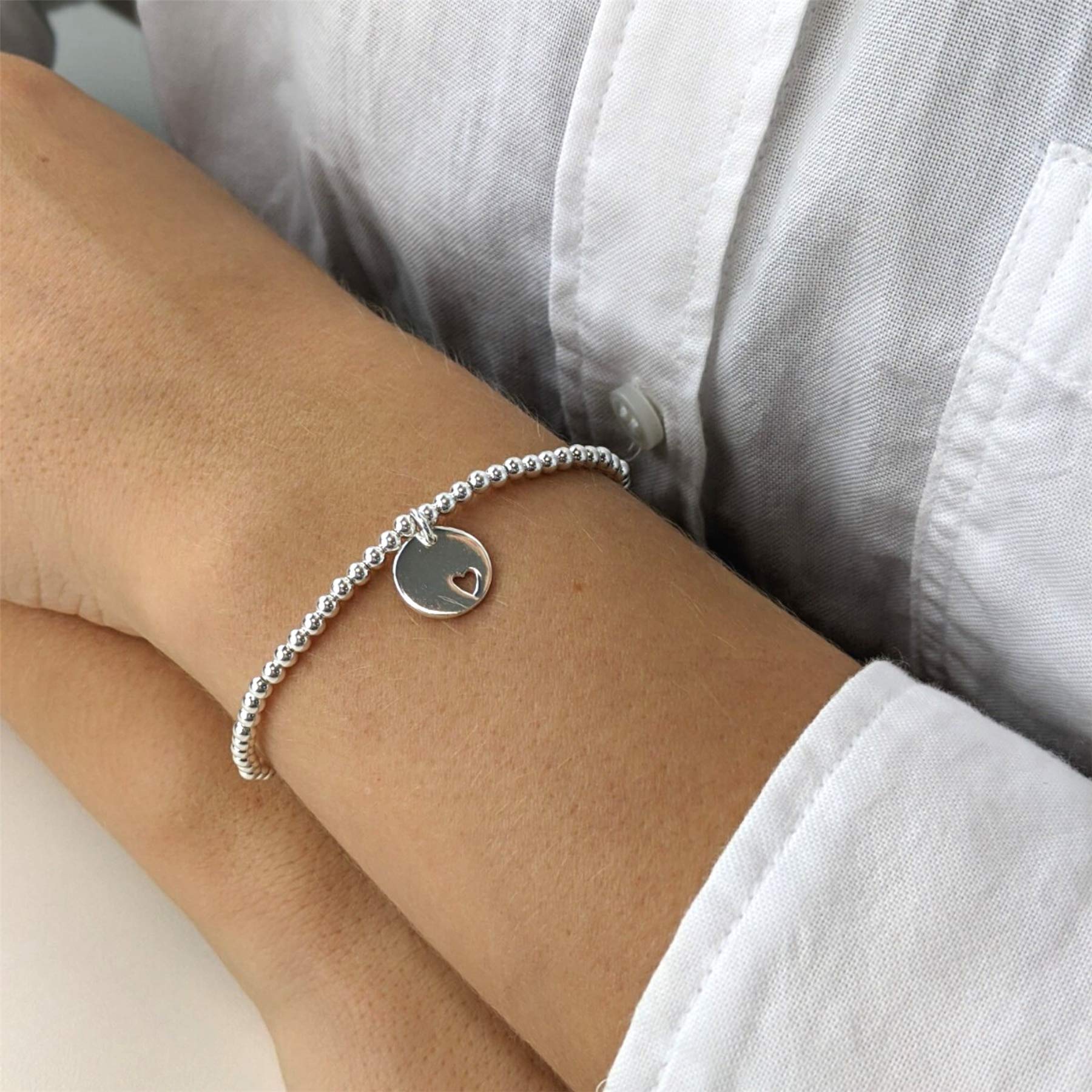 Silverly Women's 925 Sterling Silver Round Heart Charm Beaded Ball Stretch Bracelet