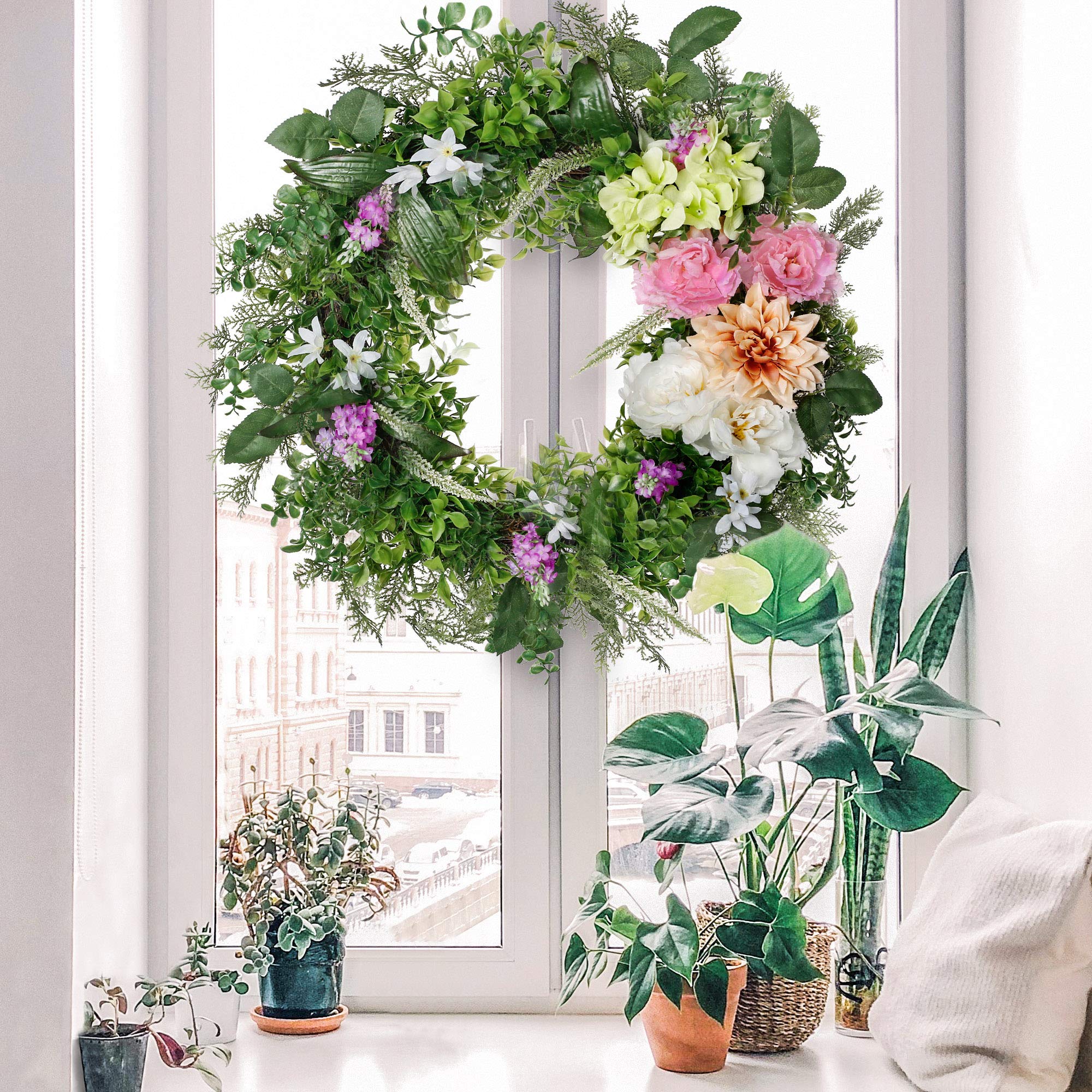 Valery Madelyn 24 inch Decorative Hydrangea Peony Flower Summer Wreath with Green Leaves, Spring Floral Wreath for Porch, Front Door, Window, Wall, Wedding, Home Decor