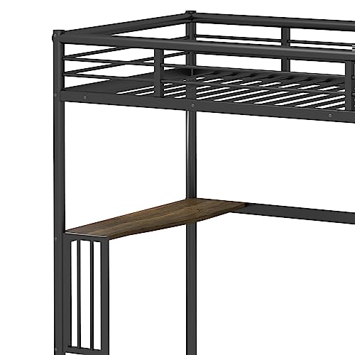 Voohek Twin Size Metal Loft Bed with Desk, Ladder and Guardrails, Bunk Bed Frame for Bedroom, Anti Wobbly Design, Large Weight Capacity, Black