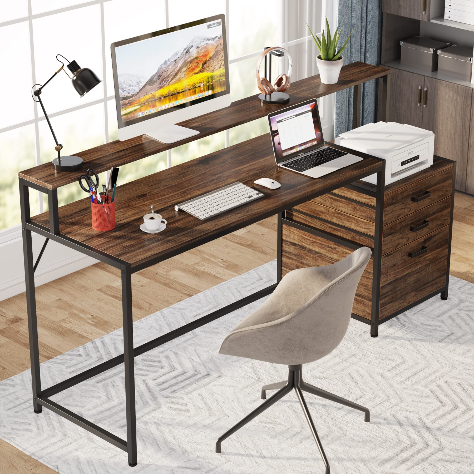 Tribesigns 63 Inch Computer Desk with File Drawer Cabinet, Ergonomic Office Desk with Monitor Stand, Industrial Computer Table with Printer Space, Wood PC Table Workstation Desk for Home Office