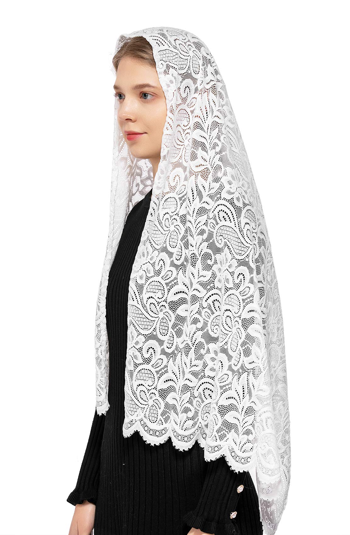 Wgior Rectangular Chapel Veil Scarf Catholic Church Veils Mantilla Wrap Shawl Mass Head Covering (White)