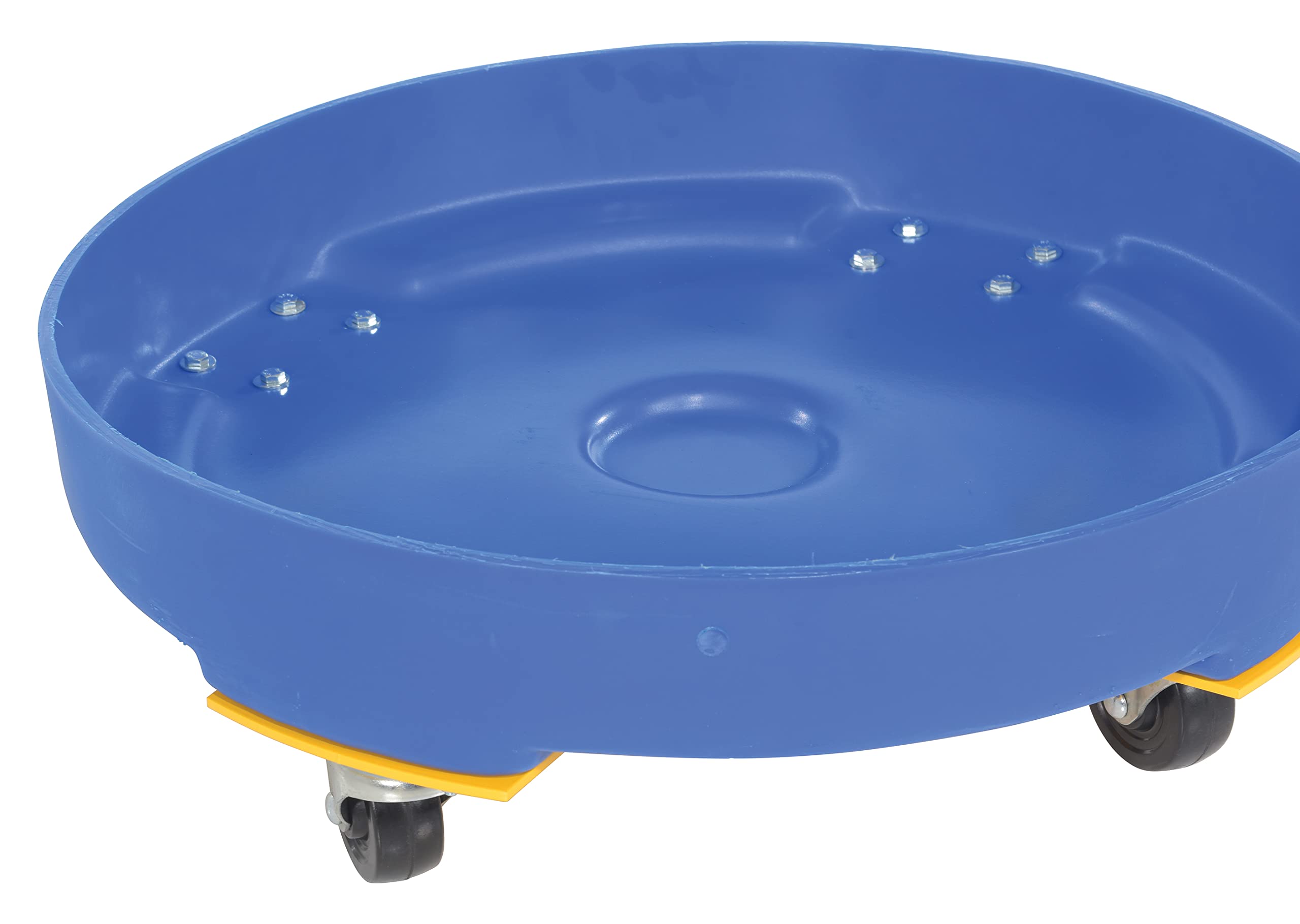 Vestil DRUM-DP-HD-55-BU Polyethylene Heavy Duty Drum Dolly 55 Gallon 24-1/4 in. x 24-1/4 in. x 8-1/2 in. 600 Lb. Capacity Blue/Yellow