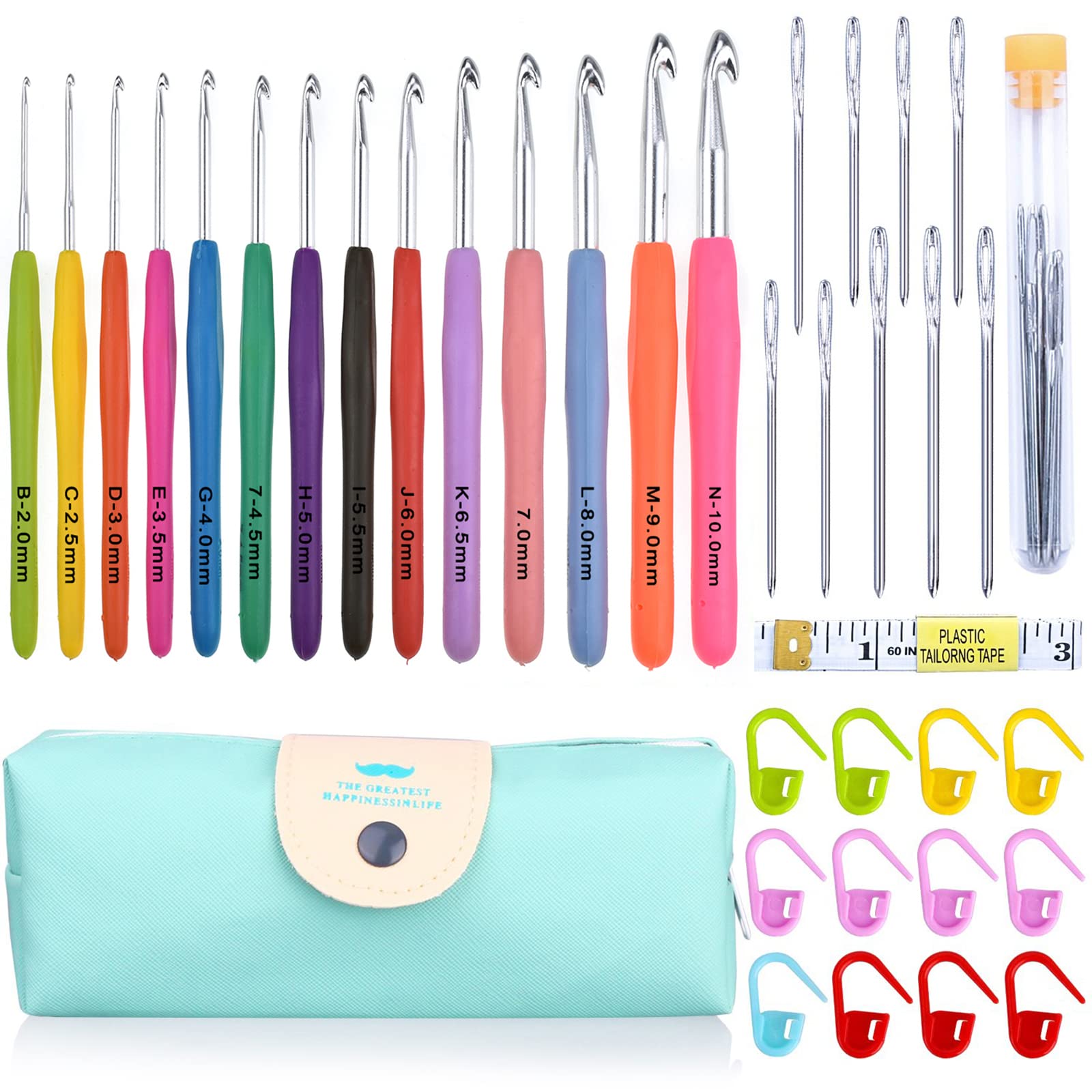 YCbingo Crochet Hooks Set,14 Pcs Ergonomic Soft Grip Handles Large-Eye Blunt Knitting Needles Kit with Case for Arthritic Hands,2mm(B)-10mm(N) Extra Long Plus Knit Needles Weave Yarn Set (Style 1)