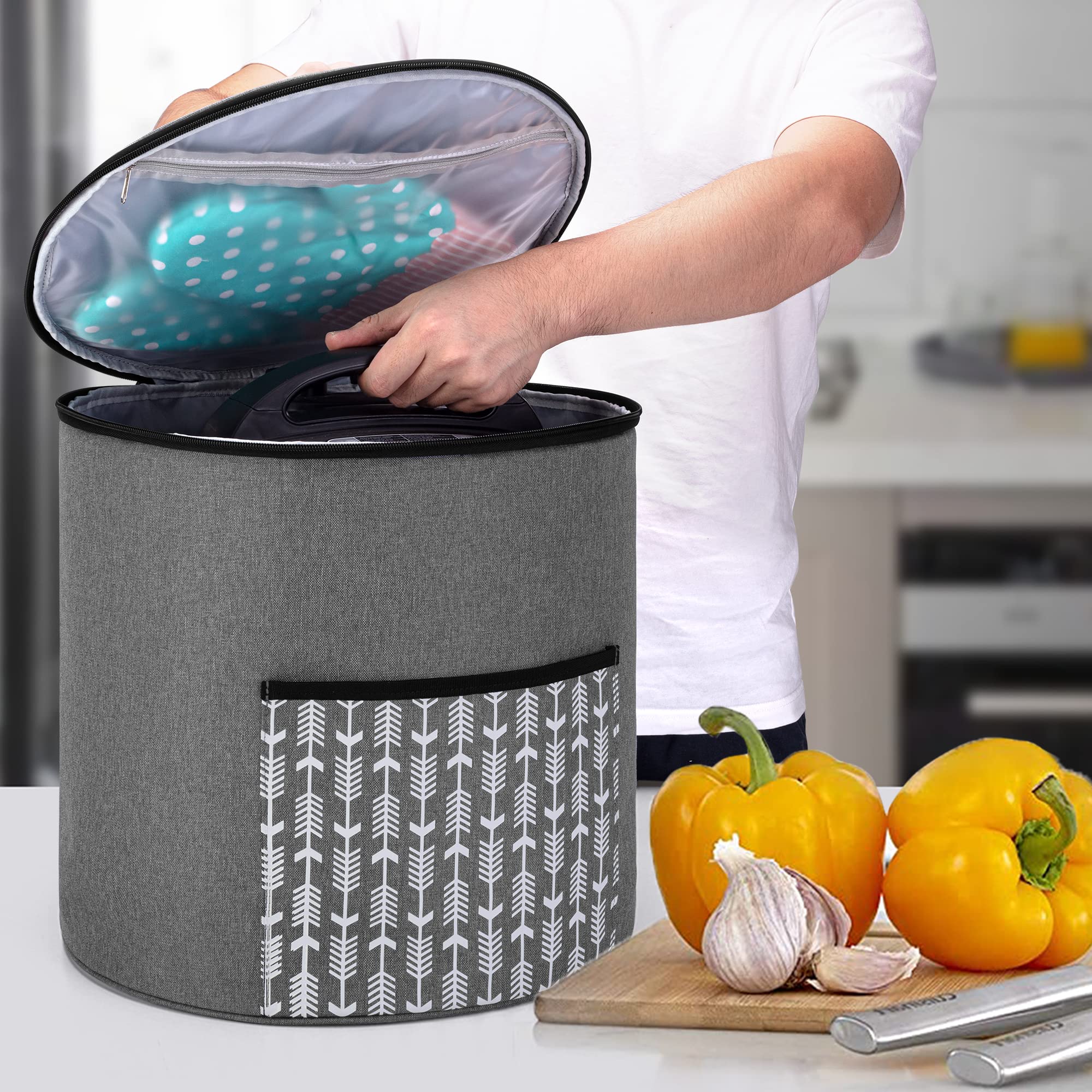 Yarwo Carrying Bag Compatible for 8 Quart Instant Pot, 4-5 Quart Air Fryer, Cuisinart Bread Maker, Fully-Enclosed Kitchen Appliance Dust Cover with Pockets and Top Handle, Gray with Arrow