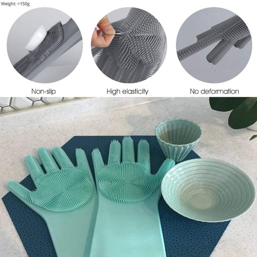 Silicone Glove Silicone Dishwashing Gloves Rubber Gloves Sponge Cleaning Brush for Dish Housework Kitchen Cars (blue)…