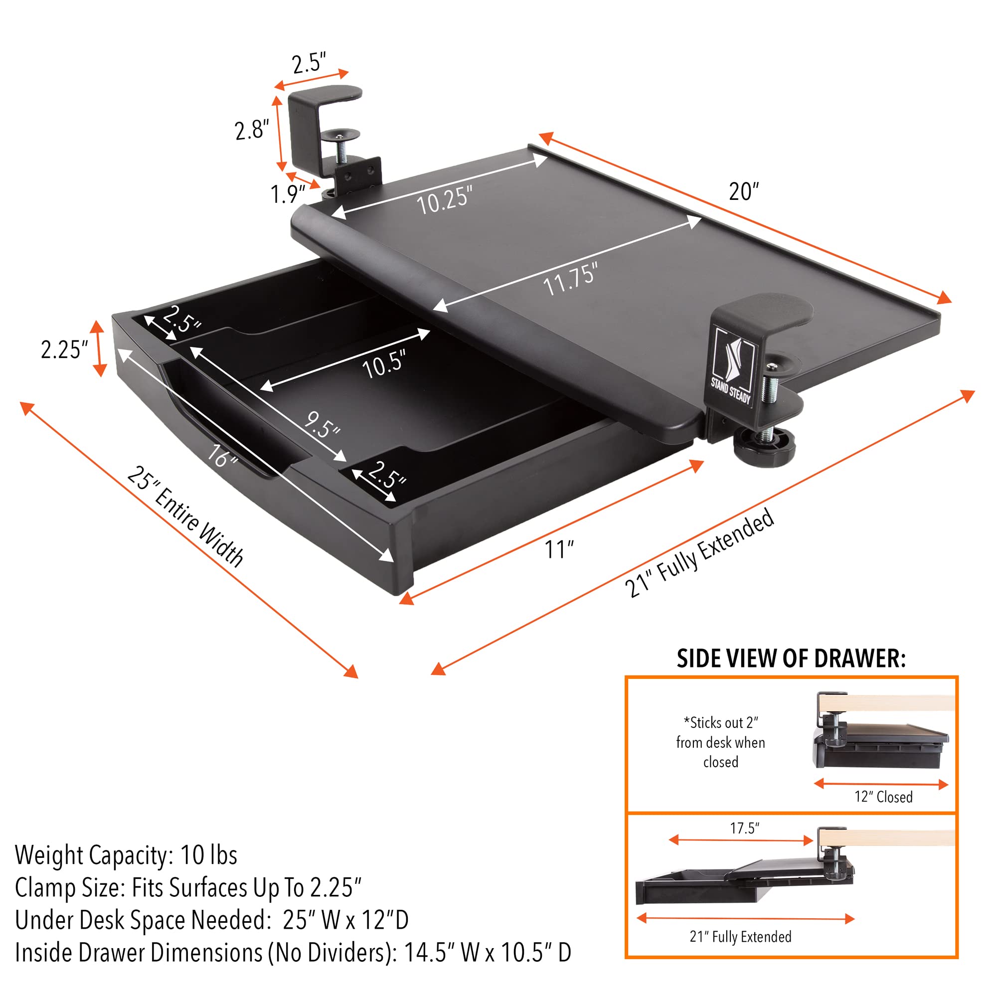 Stand Steady Clamp On Keyboard Tray with Drawer | Two in One | Under Desk Storage w/Damage-Free Easy Installation - No Drilling Needed | 3 Compartment Organizer w/Removable Dividers (24.5 x 11.8)