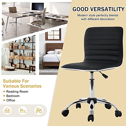 Vanity Chair Makeup Chair PU Leather Low Back Home Office Desk Chair Height Adjustable 360° Swivel Rolling Computer Chair Modern Executive Task Chair without Armrest for Vanity Makeup Room(Black)