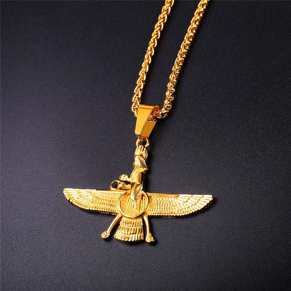 U7 Farvahar Pendant with Chain 18K Gold Plated Symbol of Iran Persian Gift Necklace