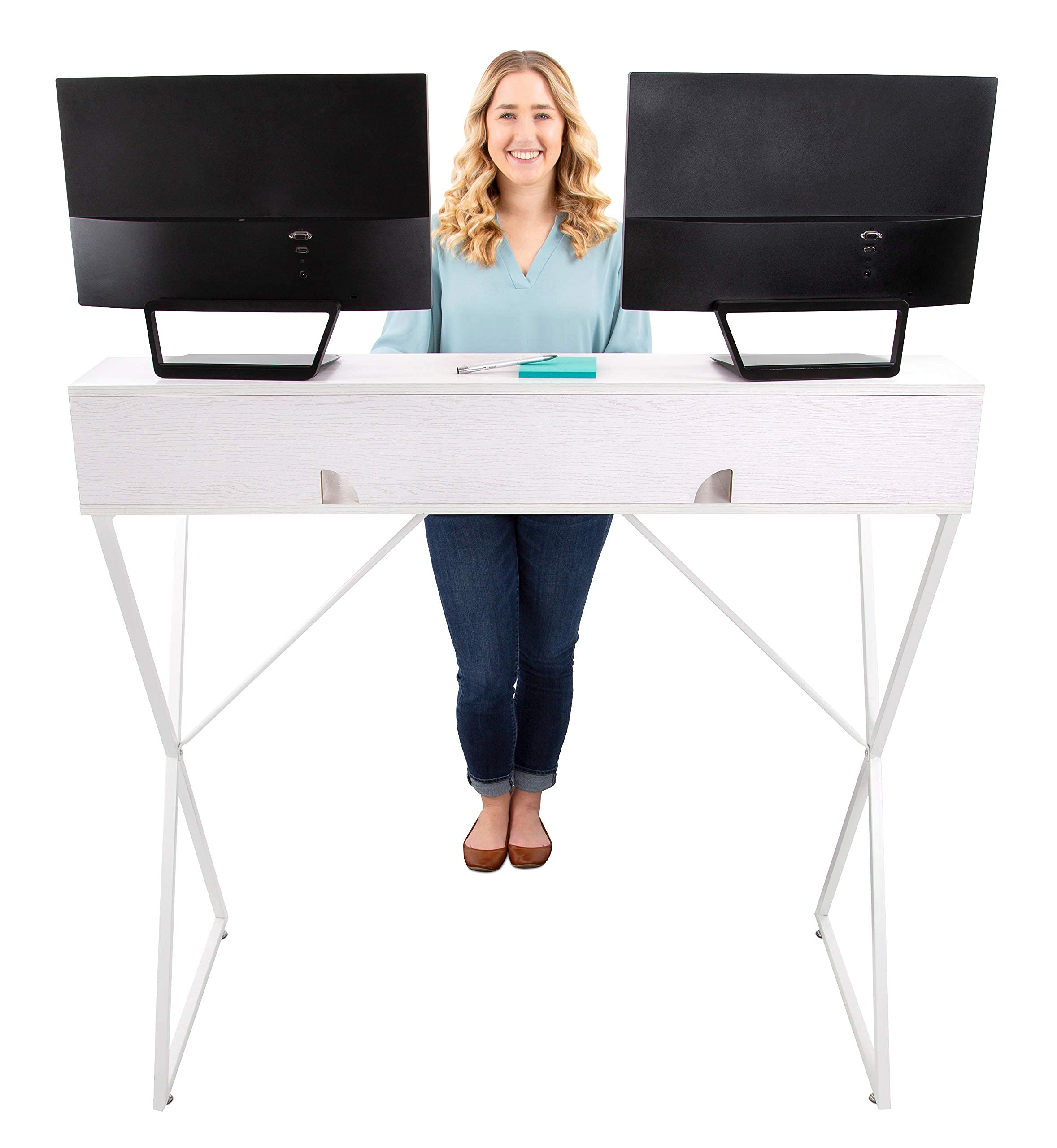 Stand Steady Joy Standing Desk | Pretty Standing Desk with Shelf & Built-in Storage Cubbies | Modern Stand Up Workstation | Tall Desk & Reception Table for Home, Dorm & Office (White / 48in x 42in)