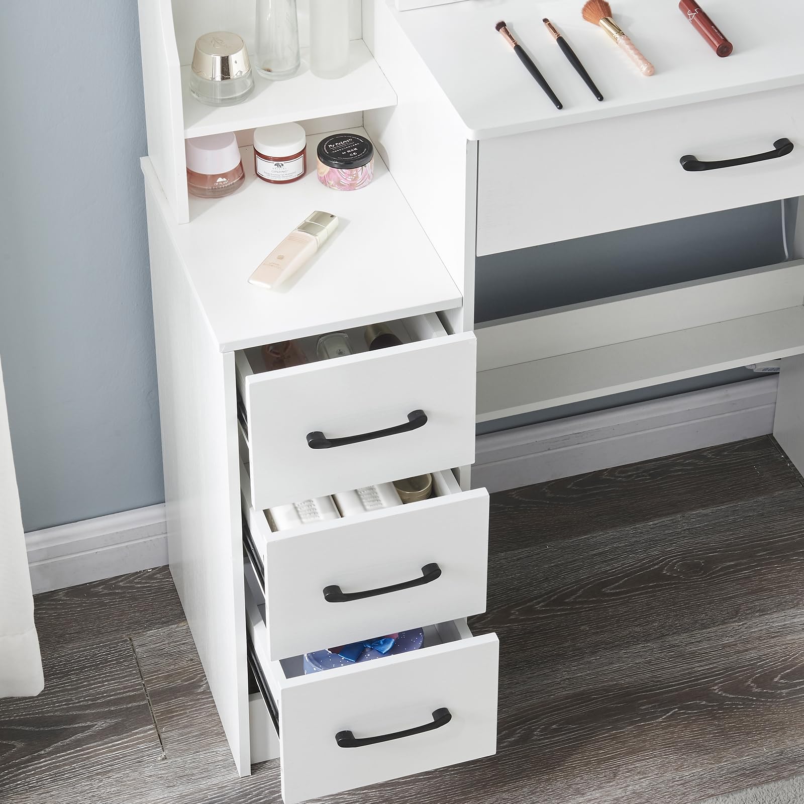 Vanity Desk with Mirror and Light, Large Makeup Vanity with 4 Drawers, Modern Vanity Set with Stool & Shelves, Vanity Dressing Table for Girls Women Bedroom