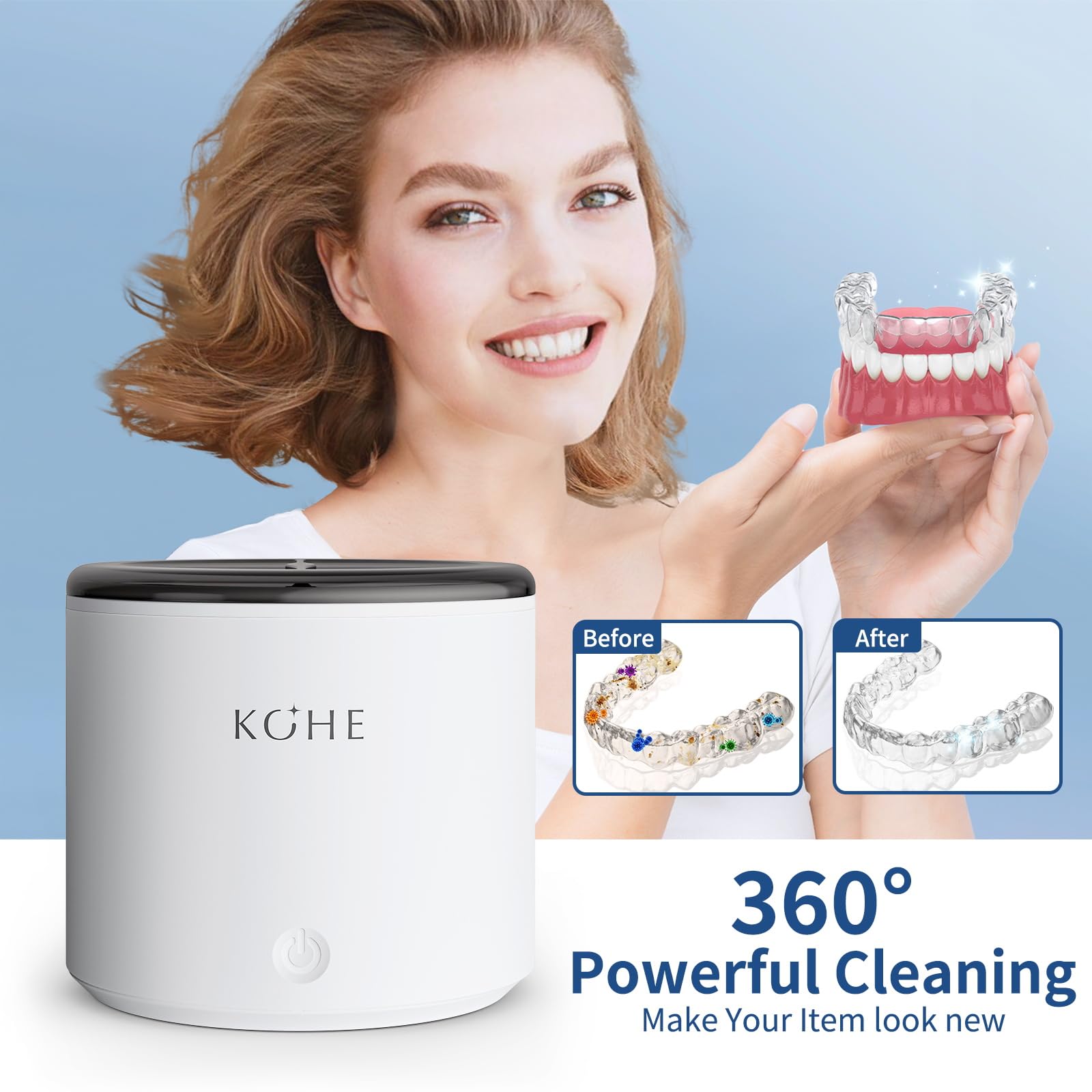 Ultrasonic Retainer Cleaner for Dentures - Jewelry Cleaner for Retainer, Aligner, Jewelry, Mouth Guards, Toothbrush Head, Shaver Head