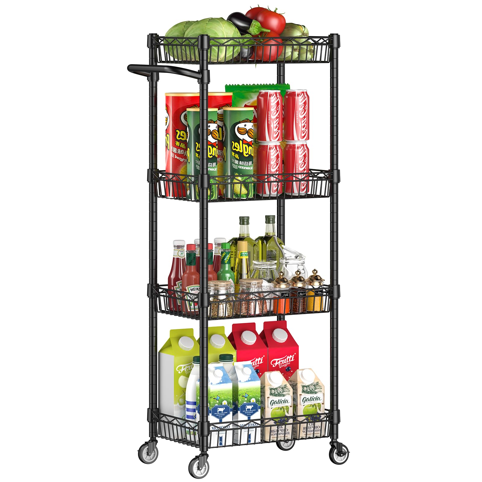 YASONIC 4-Tier Rolling Cart, Rolling Cart with Wheels, Rolling Cart Organizer with Handle, Metal Rolling Cart, Multifunctional Rolling Storage Cart, Kitchen Storage Cart, Black