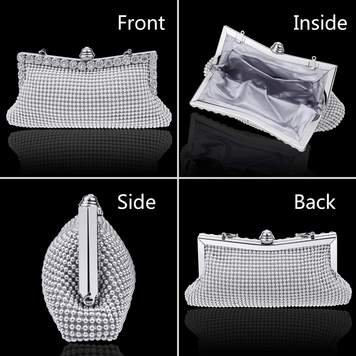 SelfTek Silver Clutch Purses Evening Bag for Women, Sparkly Rhinestone Purses Crystal Bag with Short & Long Chain for Women Wedding Prom Party