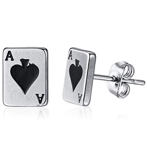 Stainless Steel Ace Spade Gambling Casino Biker Cockail Party Stud Earrings (Silver)