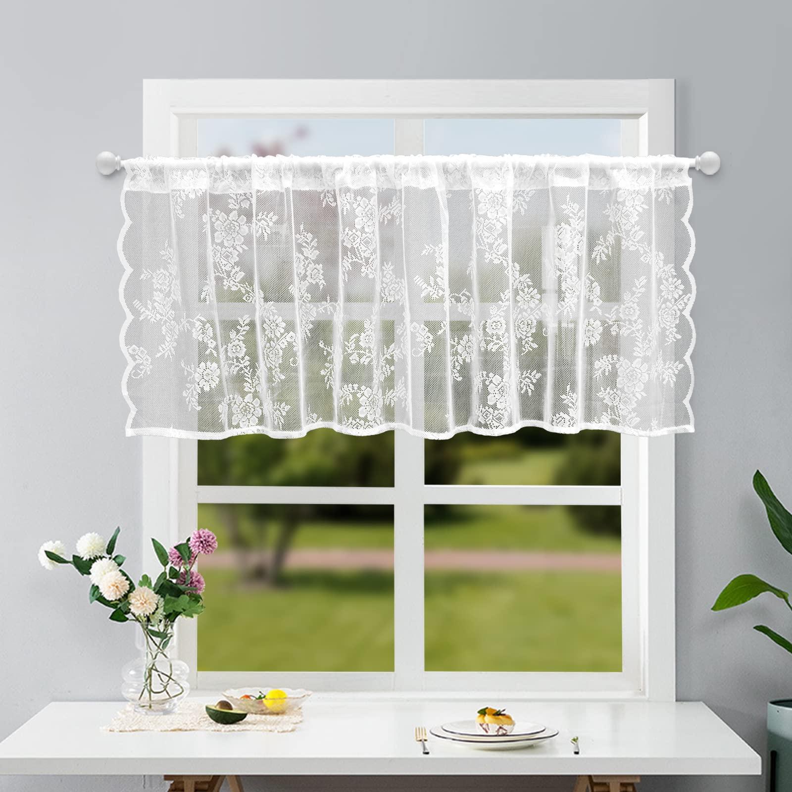 Zhh Sheer Lace Valance Kitchen Short Curtain White Grid Flower Curtain for Window Bedroom Livingroom Decor 23 by 57-Inch, 1 Panel
