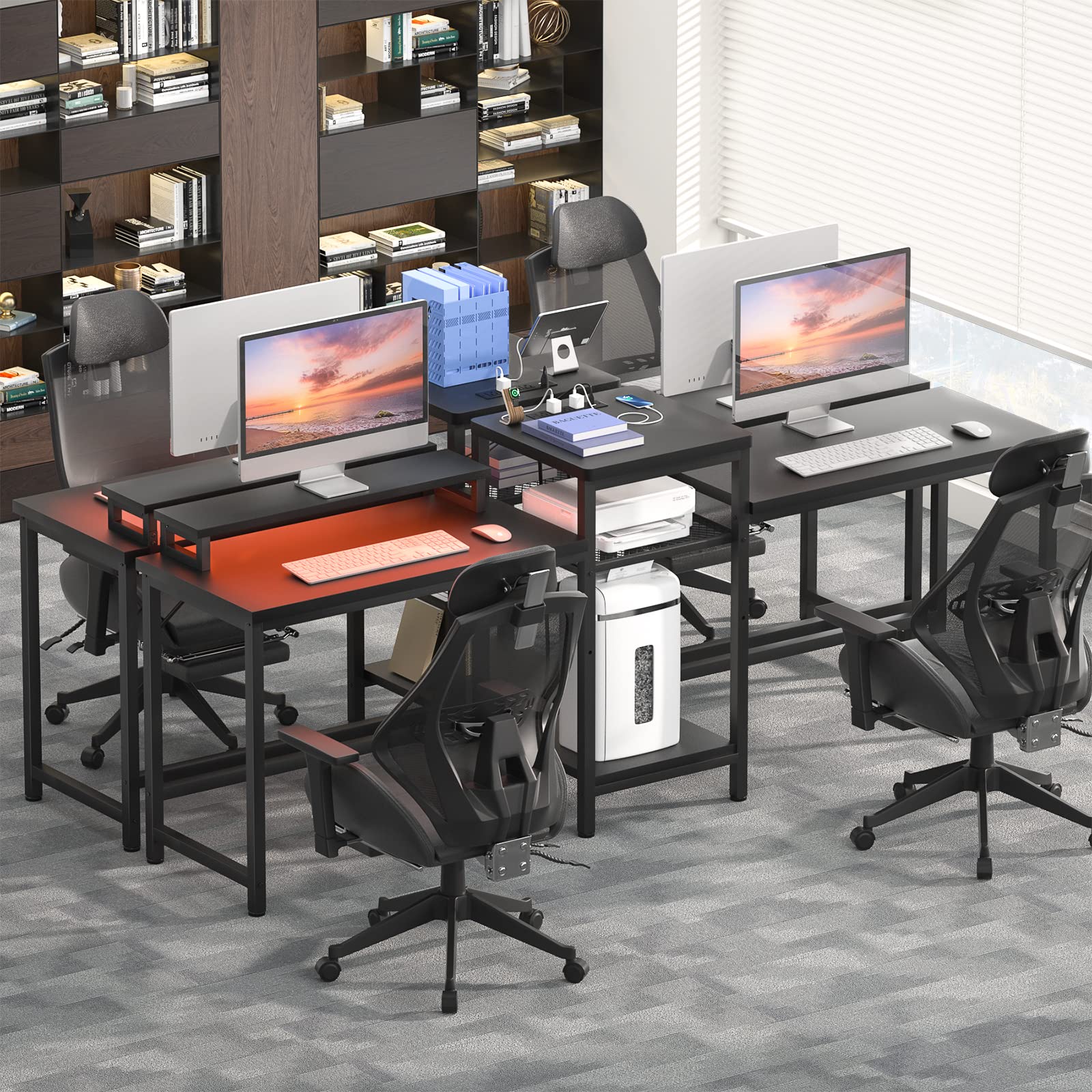 Unikito 2 Person Desk, Double Computer Desk with Power Outlets and Storage Shelves, Modern Computer Desk with Printer Stand, Extra Long Large Workstation for Home Office, Couple Gaming Desk, Black Oak