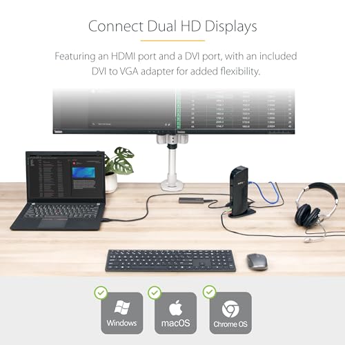 StarTech.com USB 3.0 Dual Monitor Docking Station with HDMI & DVI/VGA, 6x USB-A Ports, Ethernet, Audio & USB Type-A Hub, Universal Laptop Dock - Windows/macOS/ChromeOS (USB3SDOCKHD)
