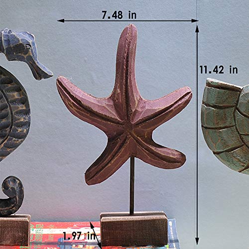 Trycooling 3pcs Wood Handmade Retro Beach Nautical Style Figurines Starfish/Conch/Seahorse Statue Home Decor