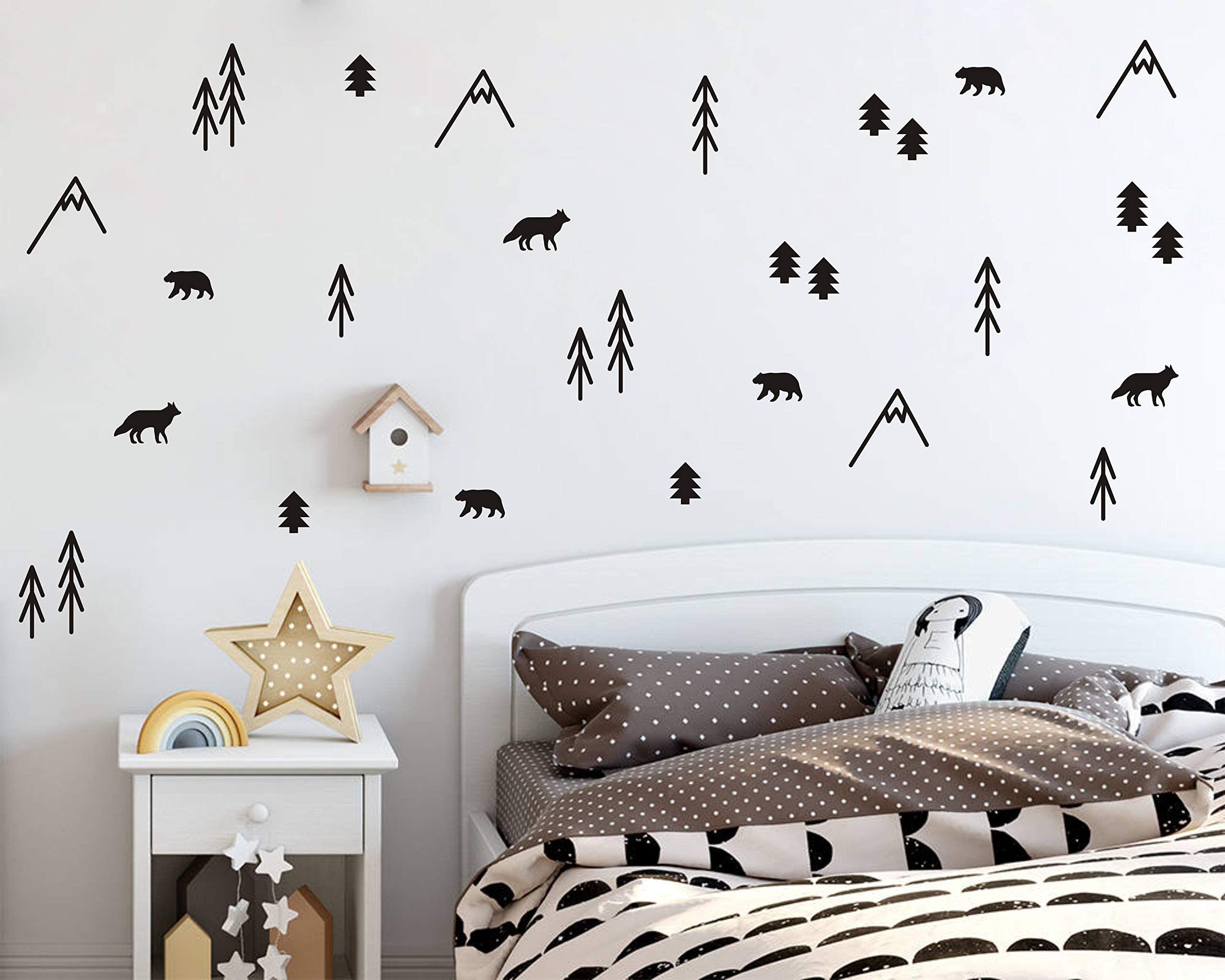 Woodland Animals, Trees and Mountains Wall Decals, Vinyl Stickers for Bedroom, Living Room, School, Nursery Wall Decals, Room Decor A44 (Black)