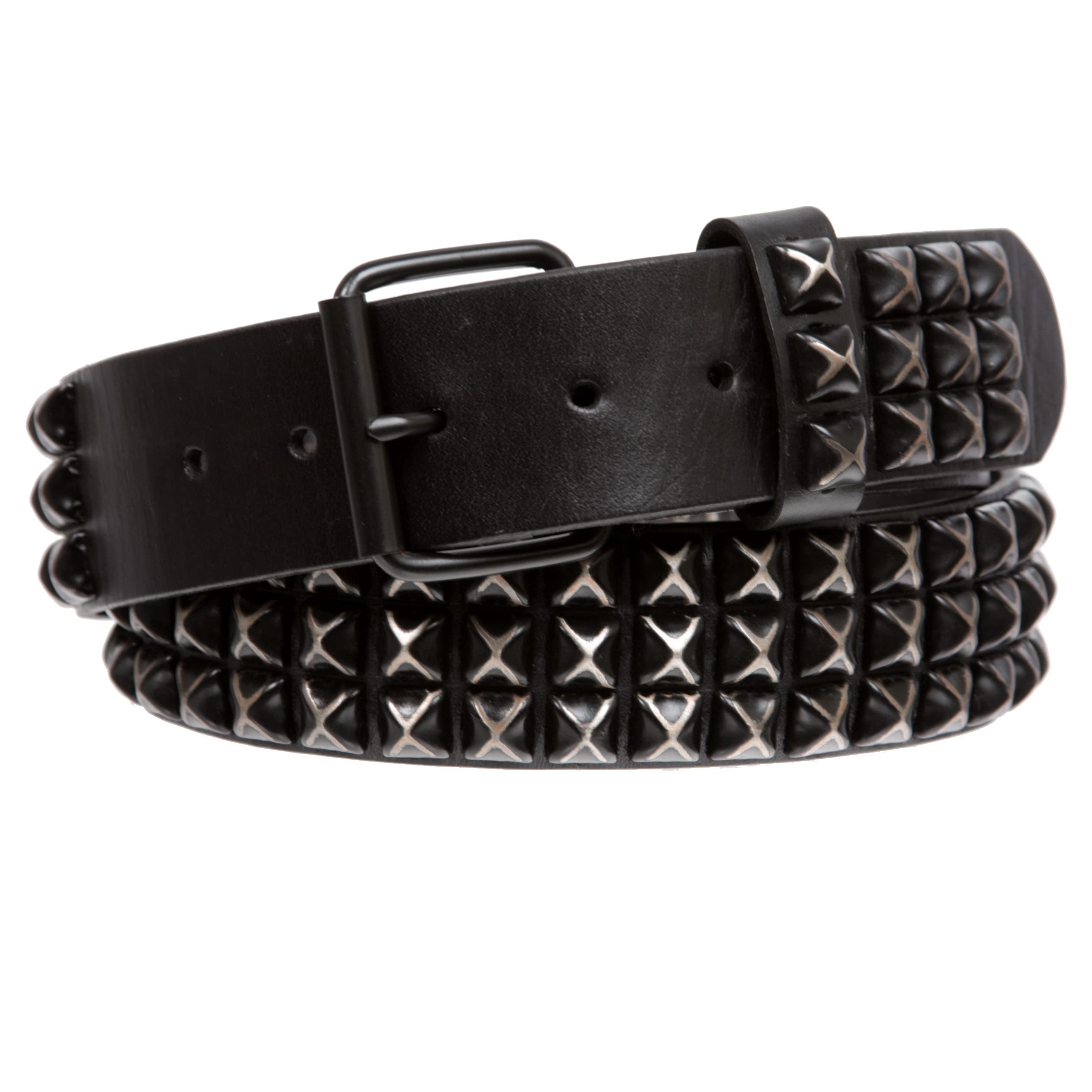 Snap On Oil Tanned Three Row Punk Rock Star Distressed Black Studded Full Grain Cowhide Leather Belt, Black | 36