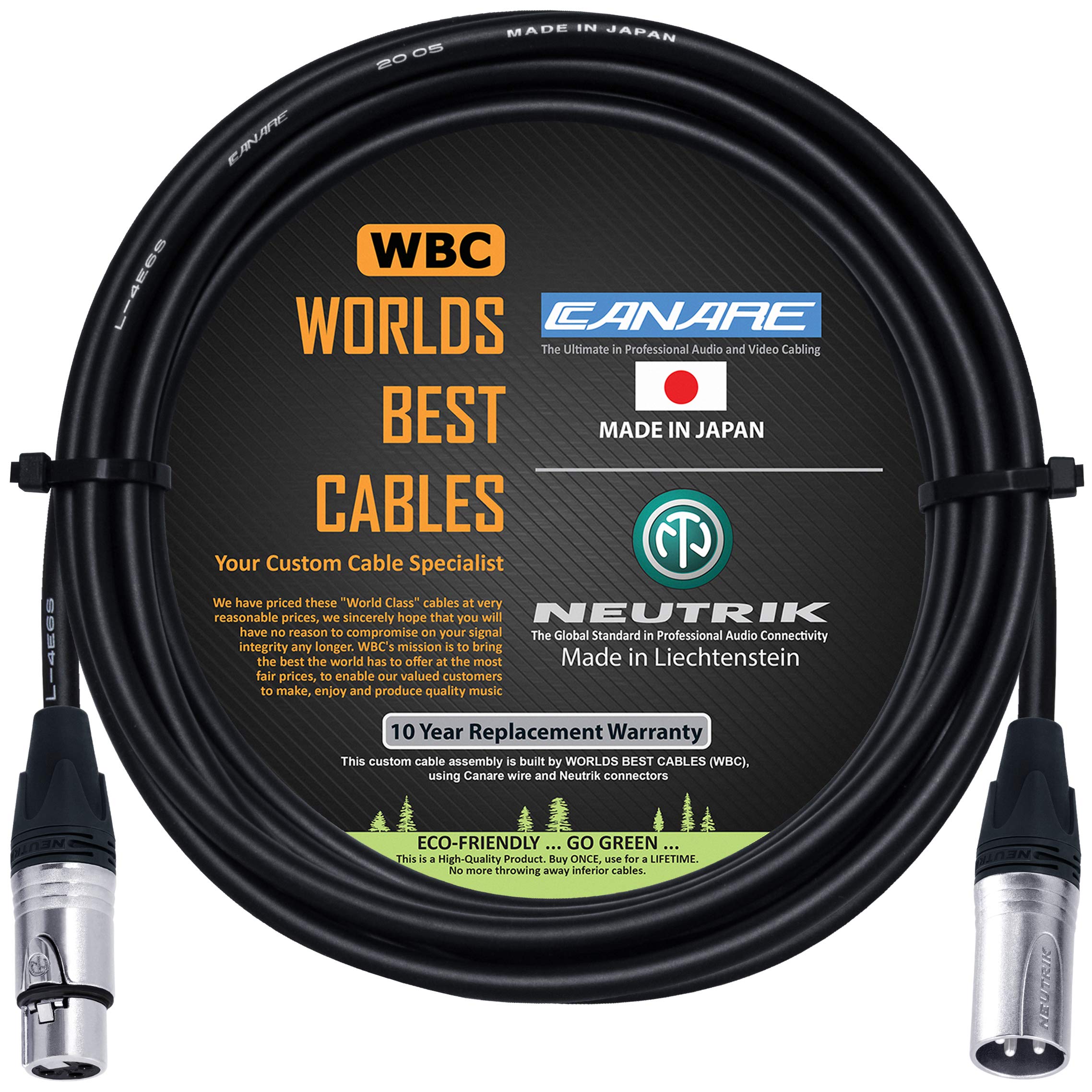 WORLDS BEST CABLES 15 Foot – Quad Balanced Microphone Cable CUSTOM MADE using Canare L-4E6S wire and Neutrik Silver NC3MXX Male & NC3FXX Female XLR Plugs