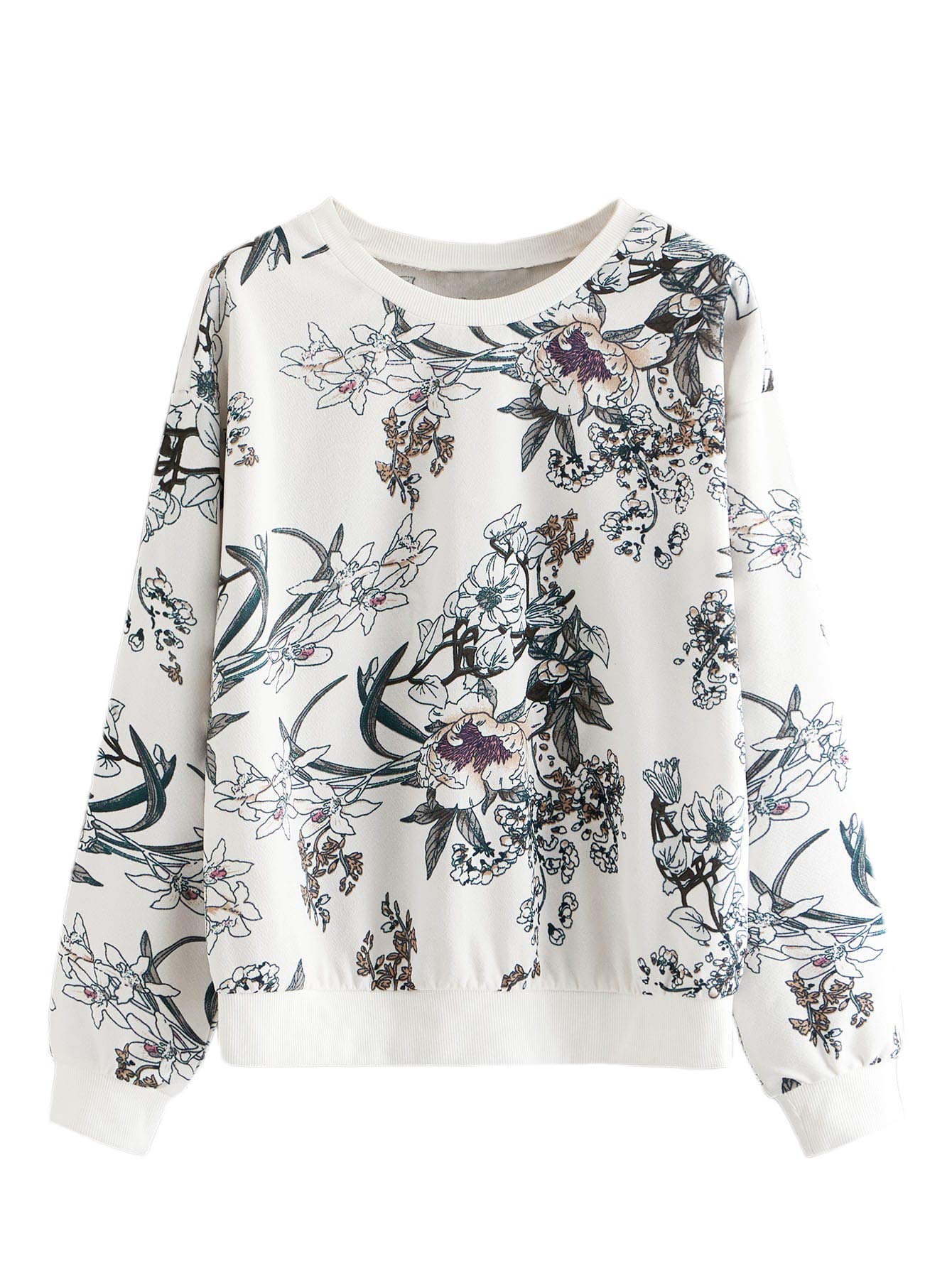 ROMWE Women's Floral Print Long Sleeve Crew Neck Lightweight Pullover Sweatshirt White X-Large