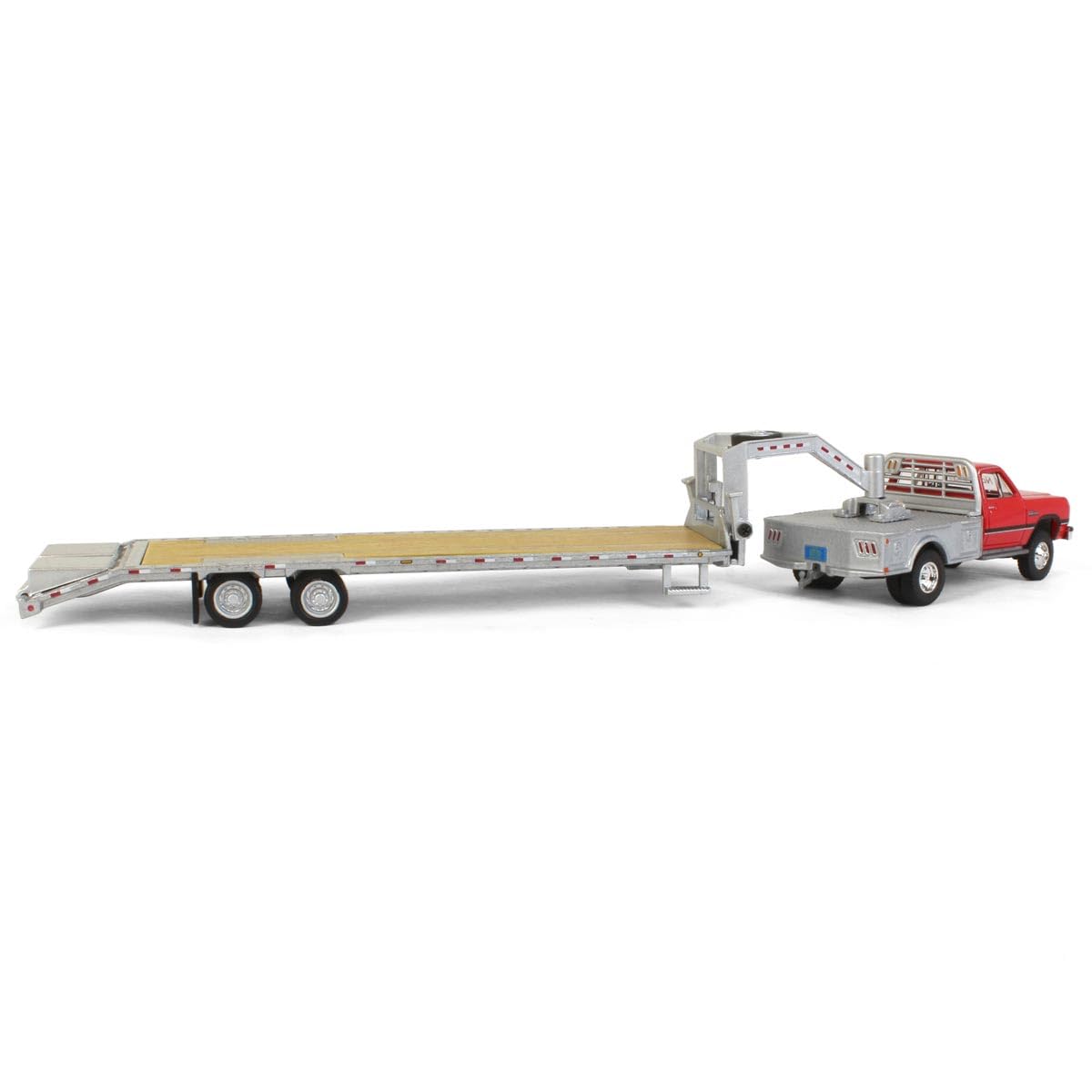 Truck 1/64 1992 Dodge Ram 1st Generation Red with Silver Flatbed & Silver Gooseneck Trailer 51387-B