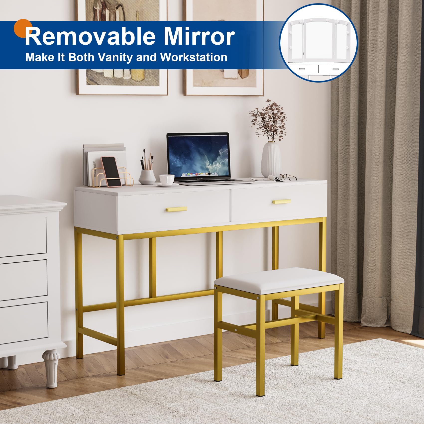 Semiocthome White Vanity Mirror with Lights and Table Set with 2 Drawers, 10 LED Lights Makeup Vanity Desk with Stool, Make Up Vanity Mirror lit with Gold Frame Dressing Table and Chair Upgrade-White