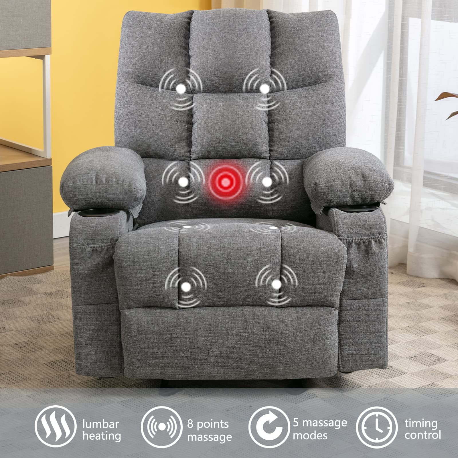 VON RACER Recliner Chair Rocking Chairs for Adults Oversized with 2 Cup Holders, USB Charge Port Soft Features a Manual Massage and Heat