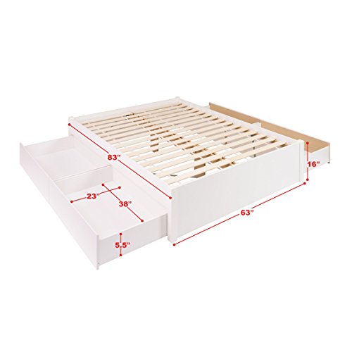 Prepac Select Queen 4-Post Raised Platform 4-Drawer Storage Bed, Modern Queen Storage Bed with Drawers 83" D x 63" W x 16" H, White, WBSQ-1302-4K