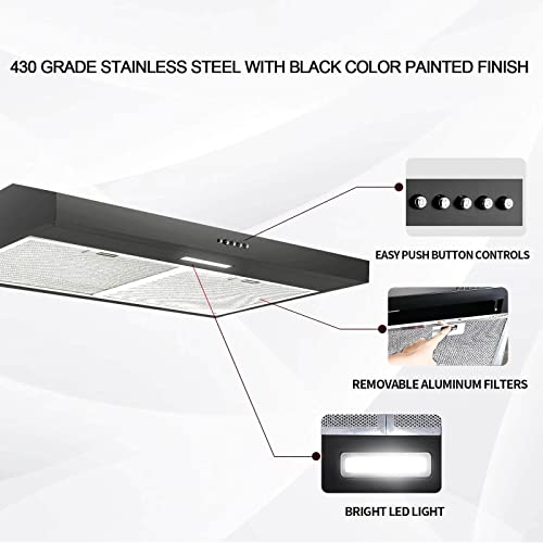 SNDOAS Range Hood 30 inch Under Cabinet with Charcoal Filter,Ductless Range Hood w/ 3 Speed Exhaust Fan,Stainless Steel Black Range Hood w/LED Light,Push Button,Under Cabinet Kitchen Hood