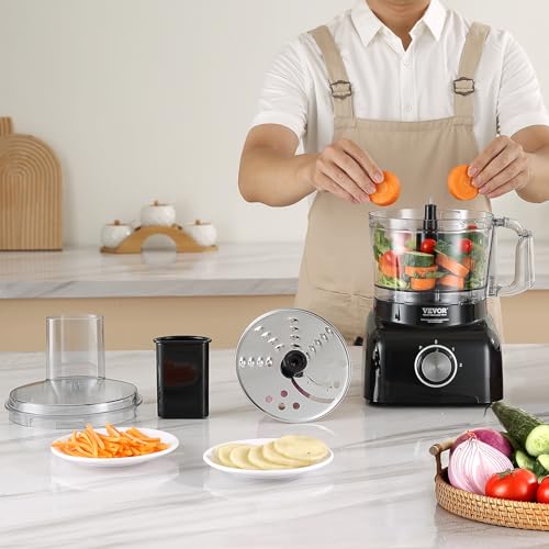 VEVOR Food Processor, 7 Cup Small Vegetable Chopper for Dough, Shredding, Slicing, Electric Meat Processors with 2 in1 Reversible SUS Disc, Large Feed Chute & Pusher, 2 Speed and Pulse for Home Use
